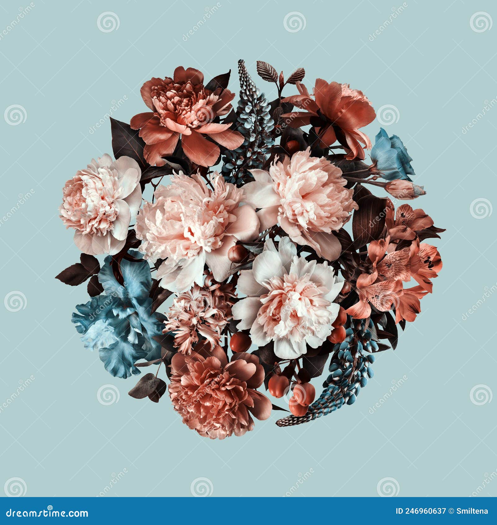 Floral Collage Pattern Of A White Eustoma Bud On A Light Blue ...