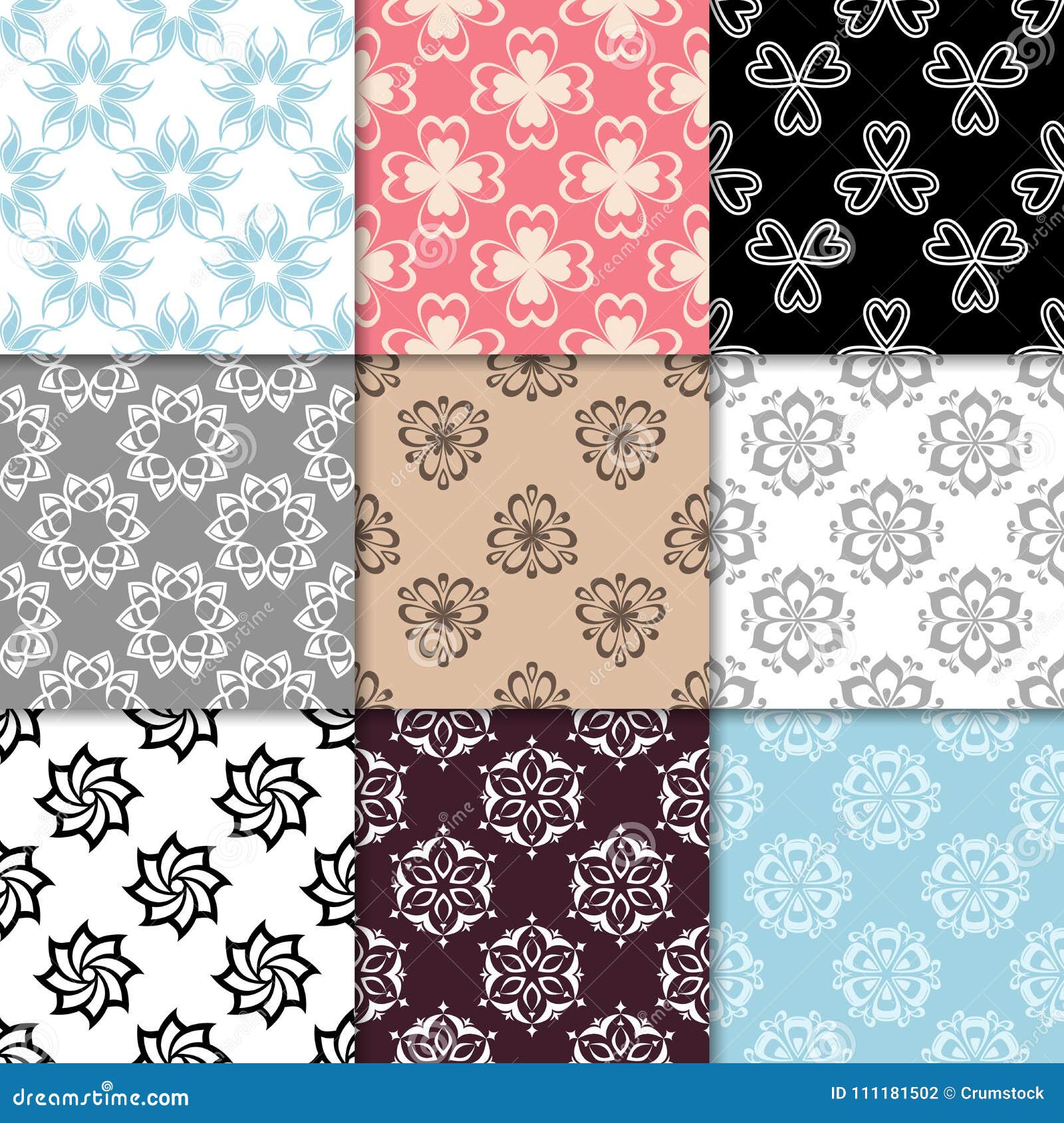 Floral Colored Seamless Patterns. Backgrounds with Fower Elements for ...