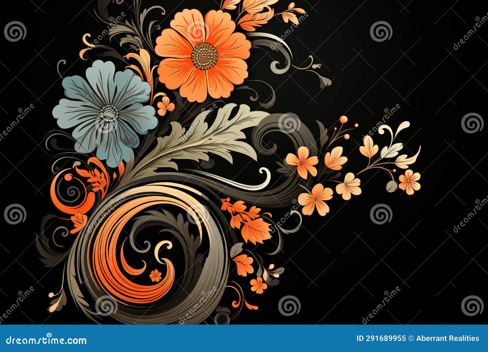 A Floral Design on a Black Background Stock Illustration - Illustration ...