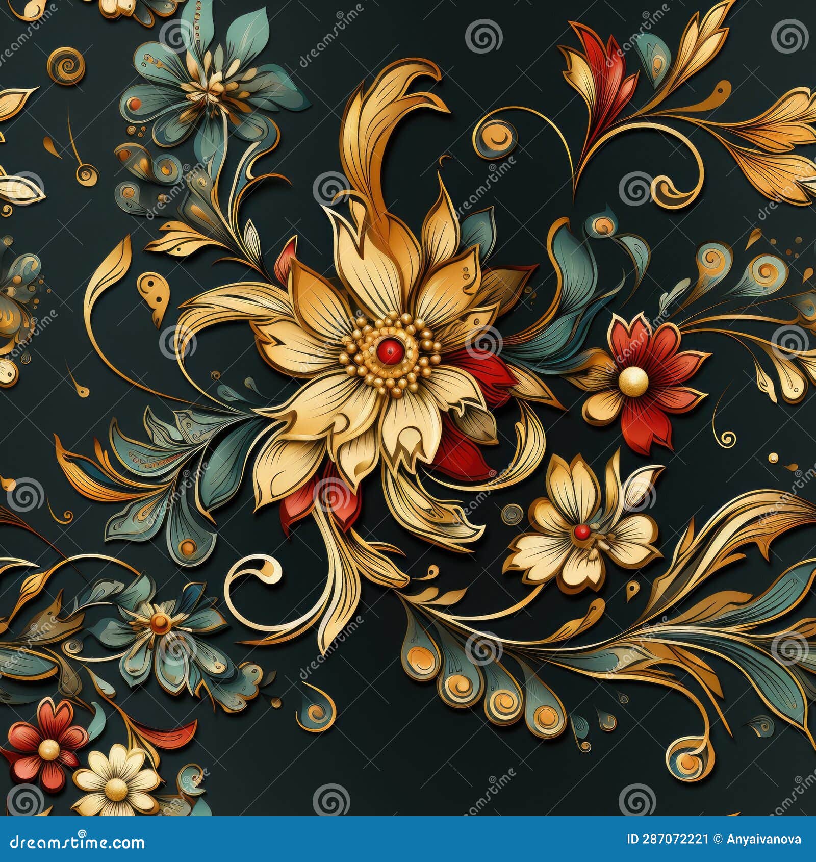 A Floral Design on a Black Background. Seamless Background. Stock Image ...