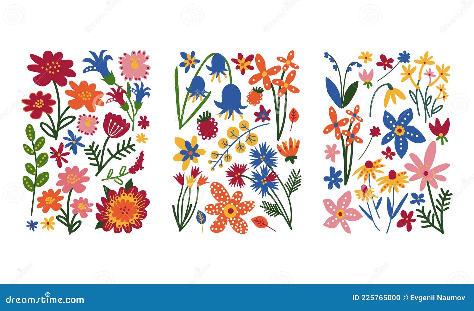 Floral Doodle Rectangular Shape with Colorful Flowers Vector Set Stock ...