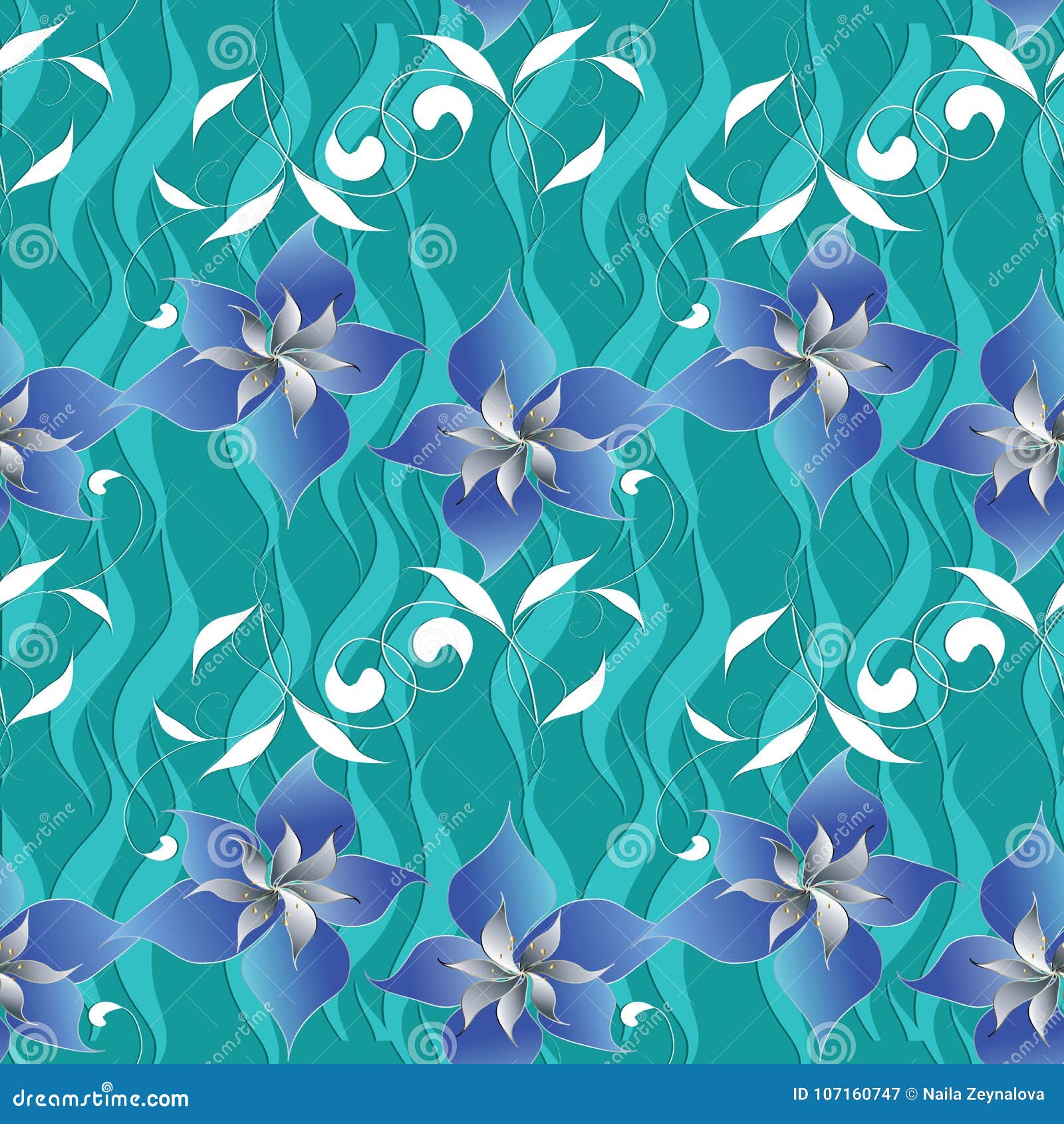 Floral Elegance Seamless Pattern. Vector Turquoise Striped Flowers ...
