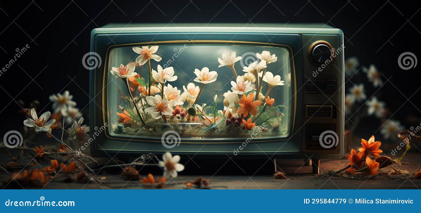 Floral Elegance: Television Embellished with Beautiful Blossoms Stock ...