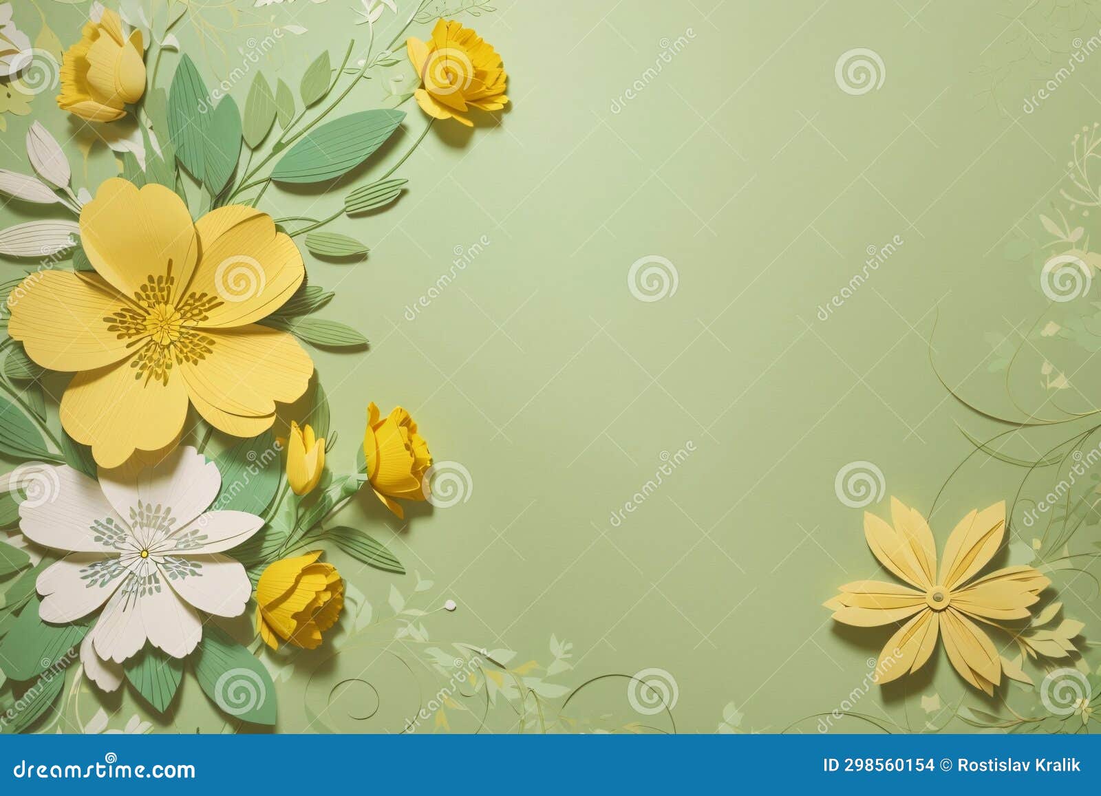 Floral Elements on a Basic Green Paper Texture Background. Stock ...