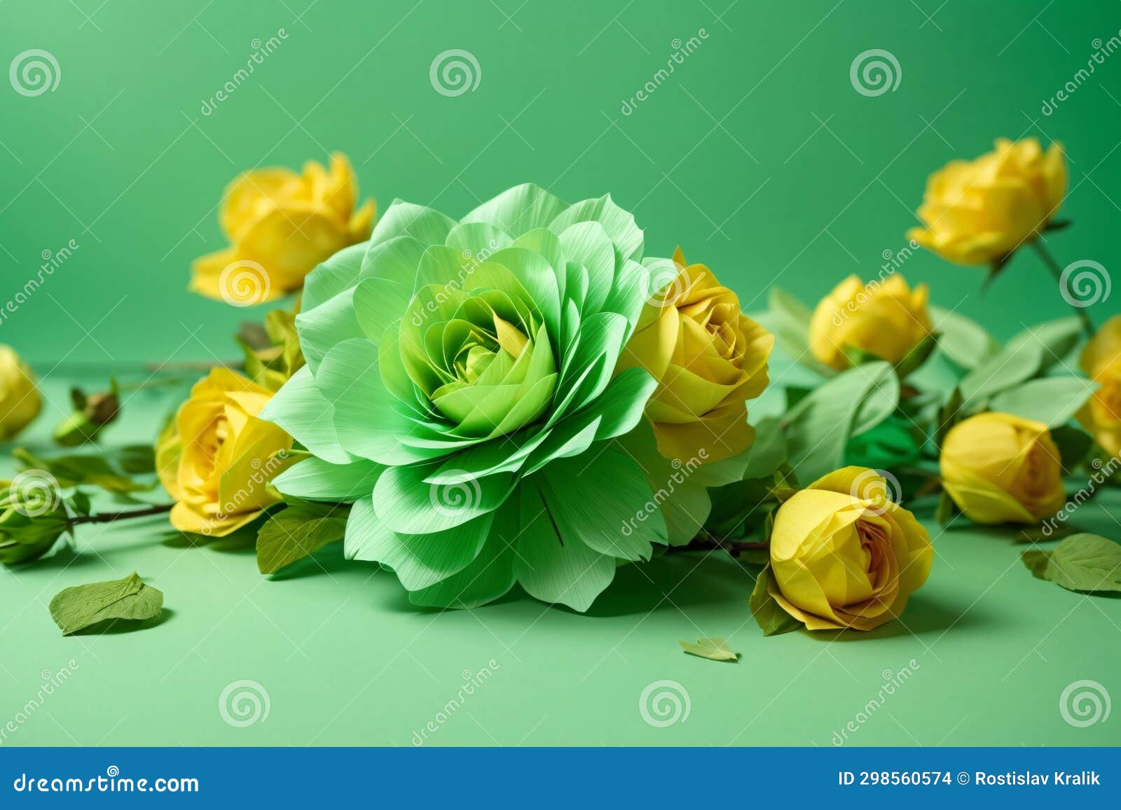 Floral Elements on a Basic Green Paper Texture Background. Stock ...
