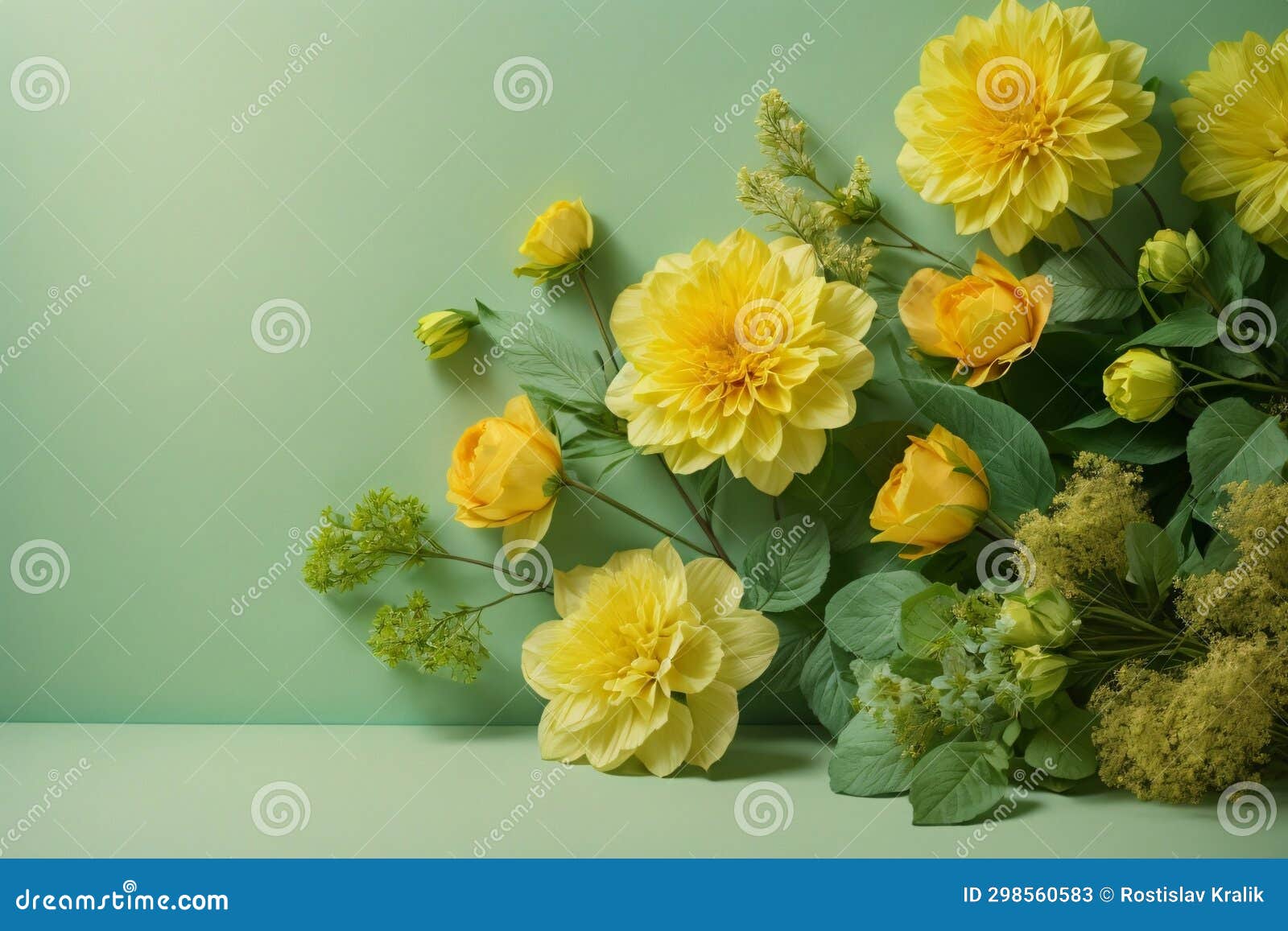 Floral Elements on a Basic Green Paper Texture Background. Stock ...