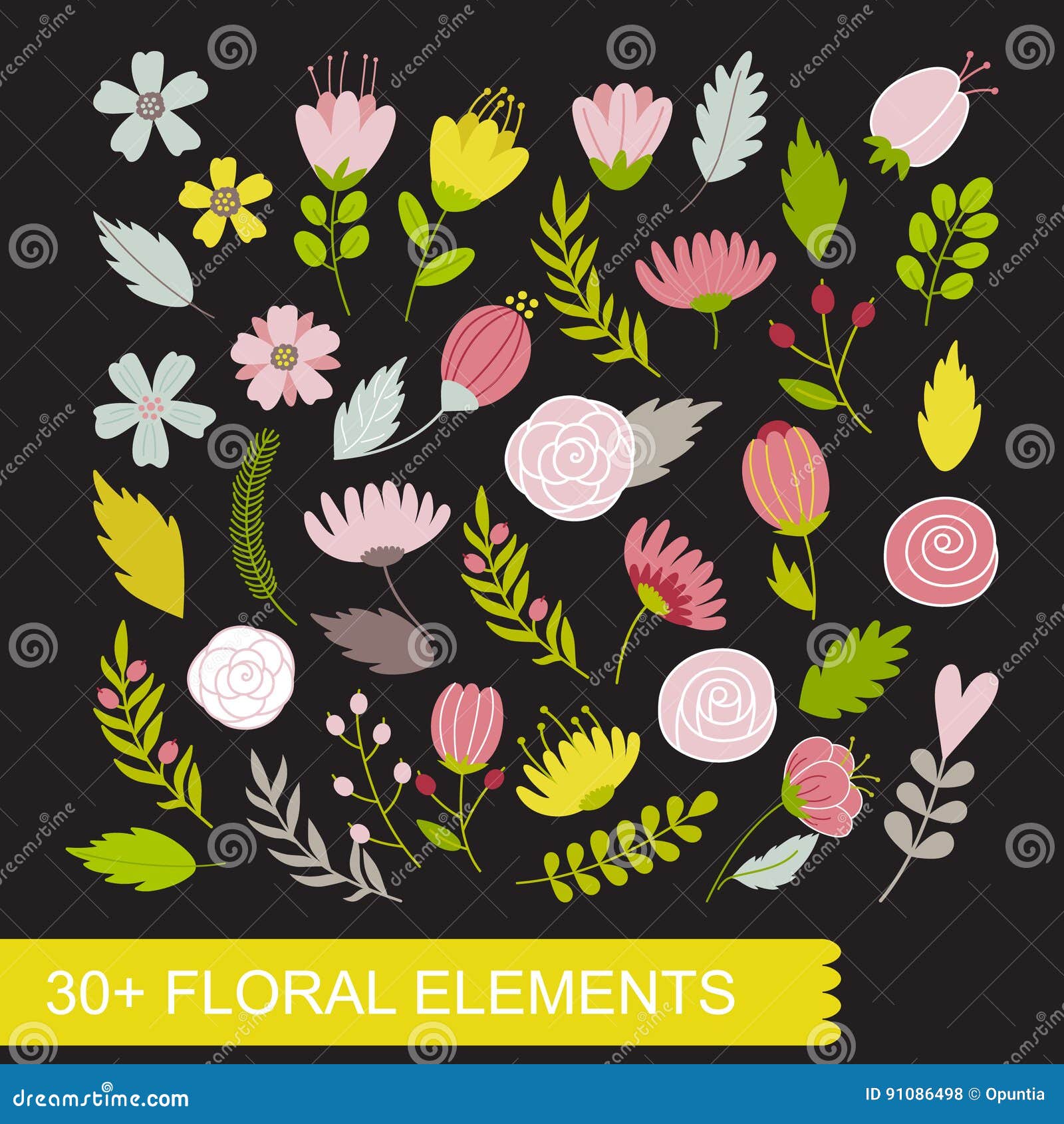 Floral elements set stock illustration. Illustration of drawn - 91086498