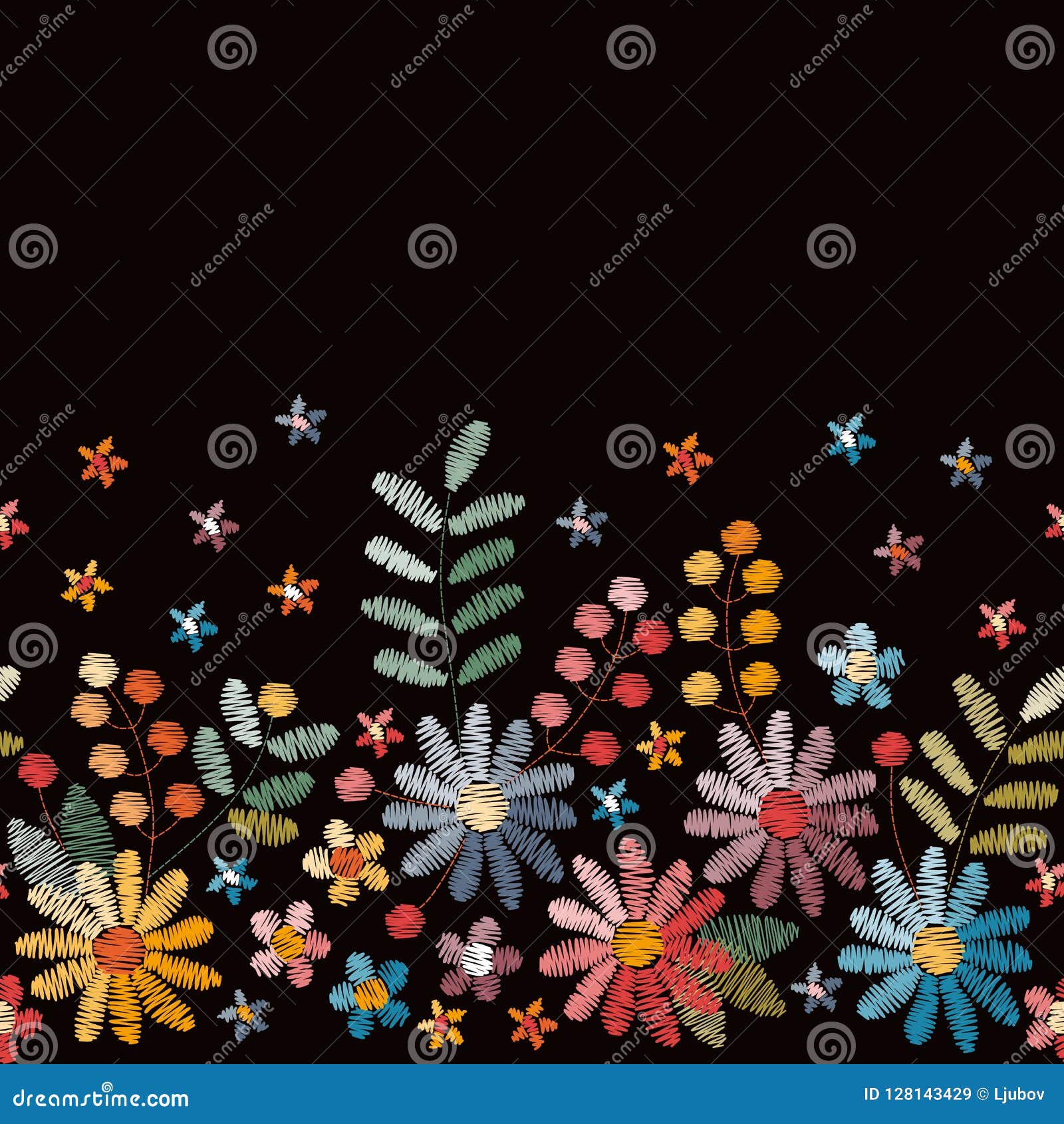 Floral Embroidery Seamless Embroidered Border With Flowers Leaves And