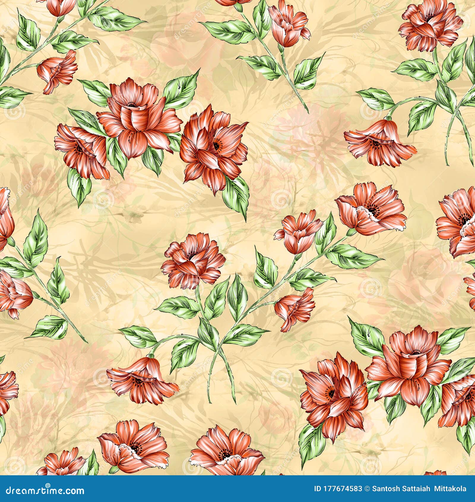 Floral Flower Pattern with Seamless Pattern and Cream Background Stock ...