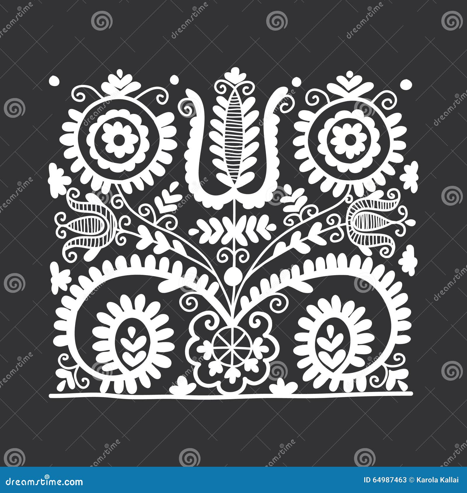 Floral Folk Style And Leaves Forming A Drawn Mandala On A White ...