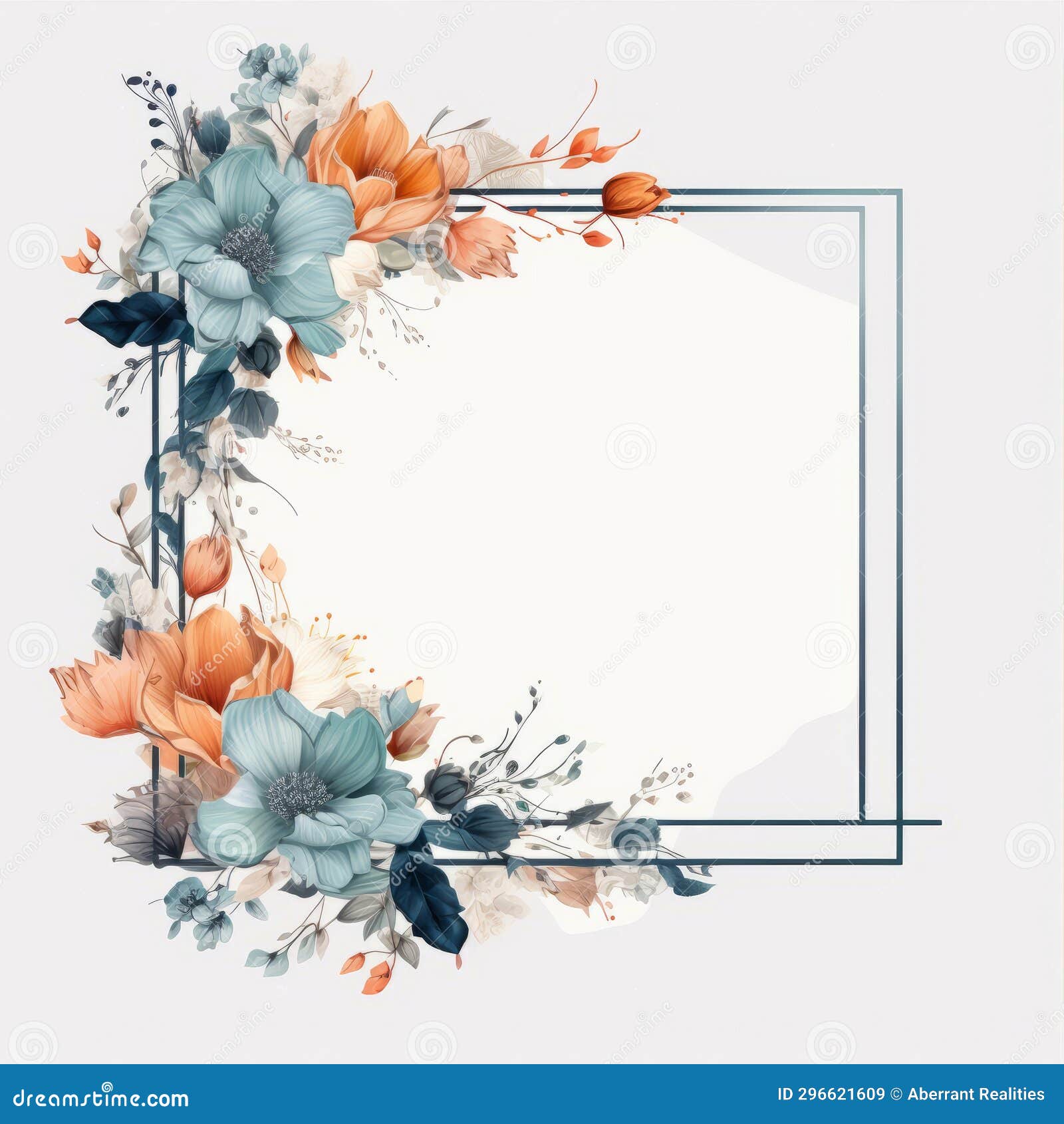 A Floral Frame with Blue and Orange Flowers on a White Background Stock ...