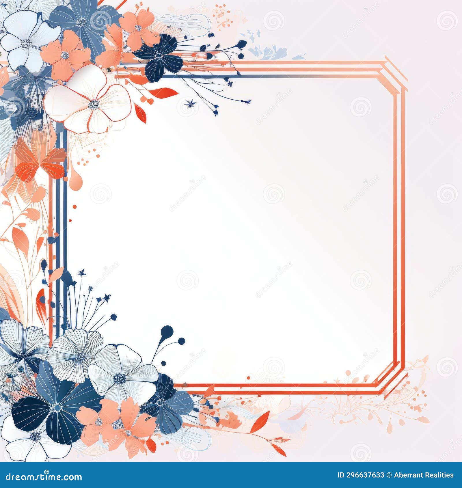 Floral Frame with Blue and Orange Flowers on a White Background Stock ...