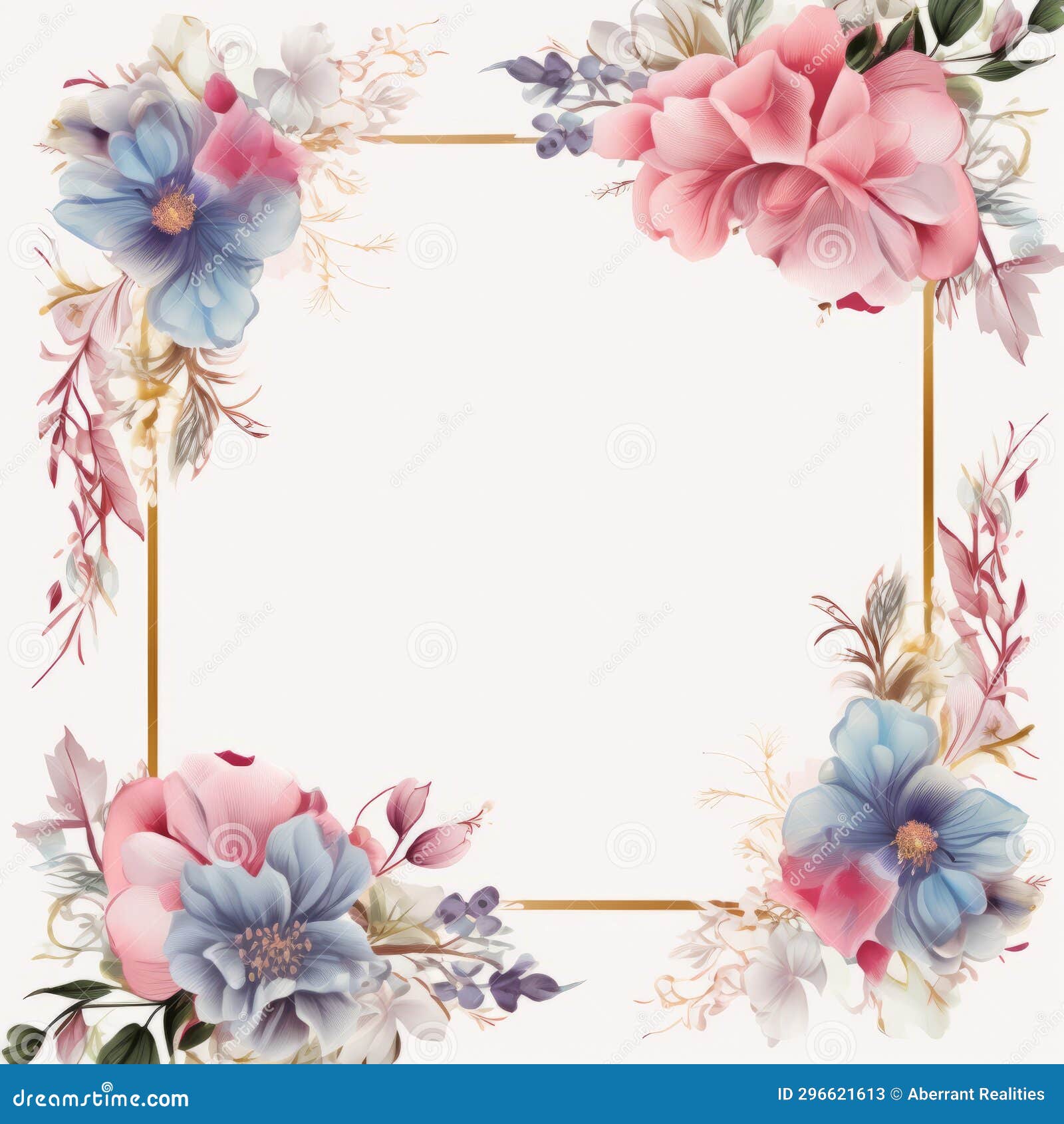 A Floral Frame with Blue and Pink Flowers on a White Background Stock ...