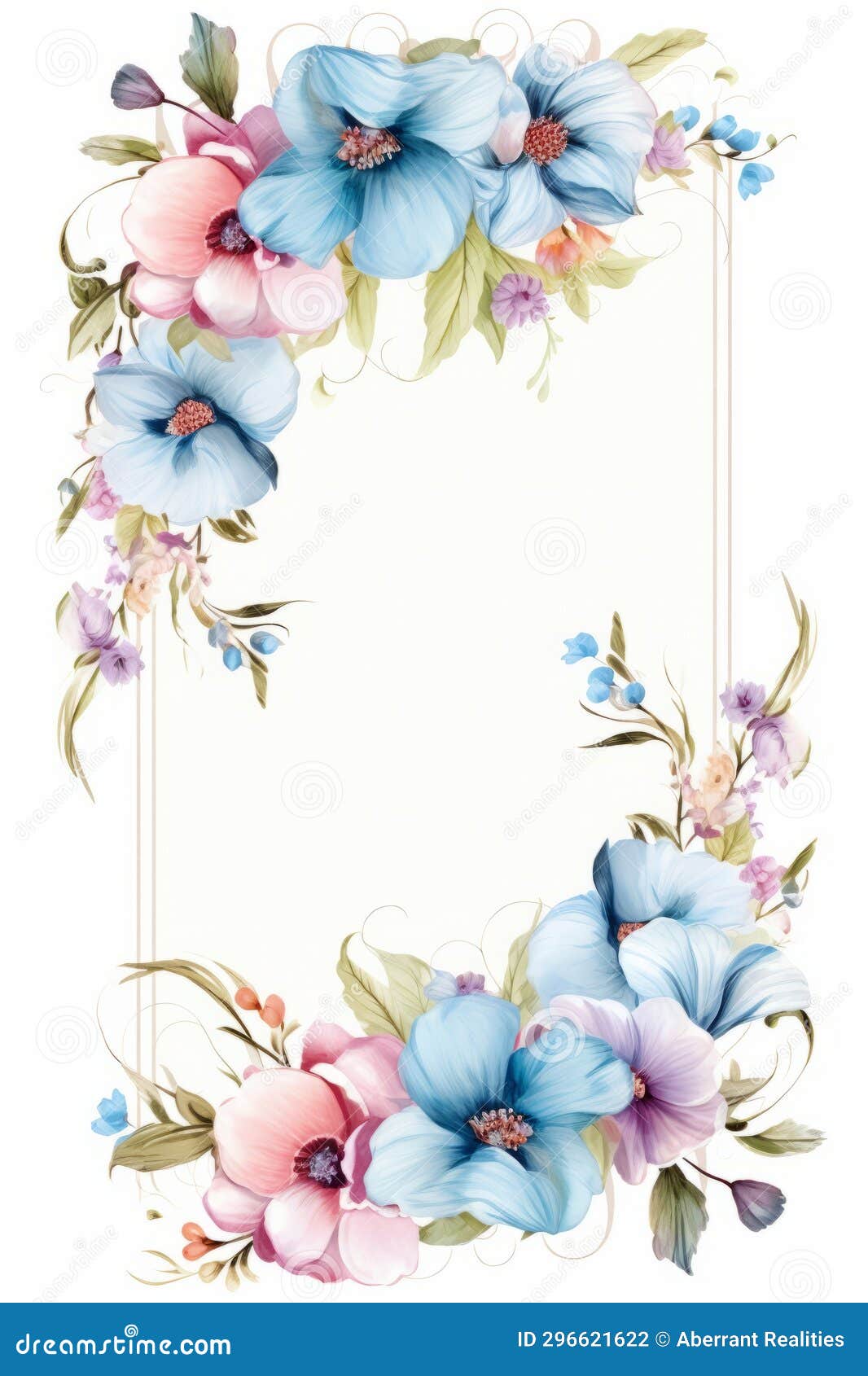 A Floral Frame with Blue and Pink Flowers on a White Background Stock ...