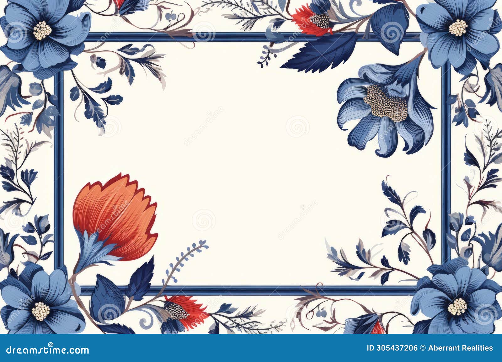 A Floral Frame with Blue and Red Flowers on a White Background Stock ...