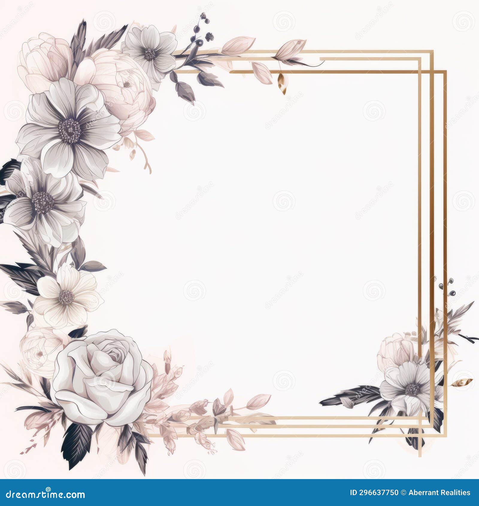 Floral Frame with Gold Frame on a White Background Stock Illustration ...