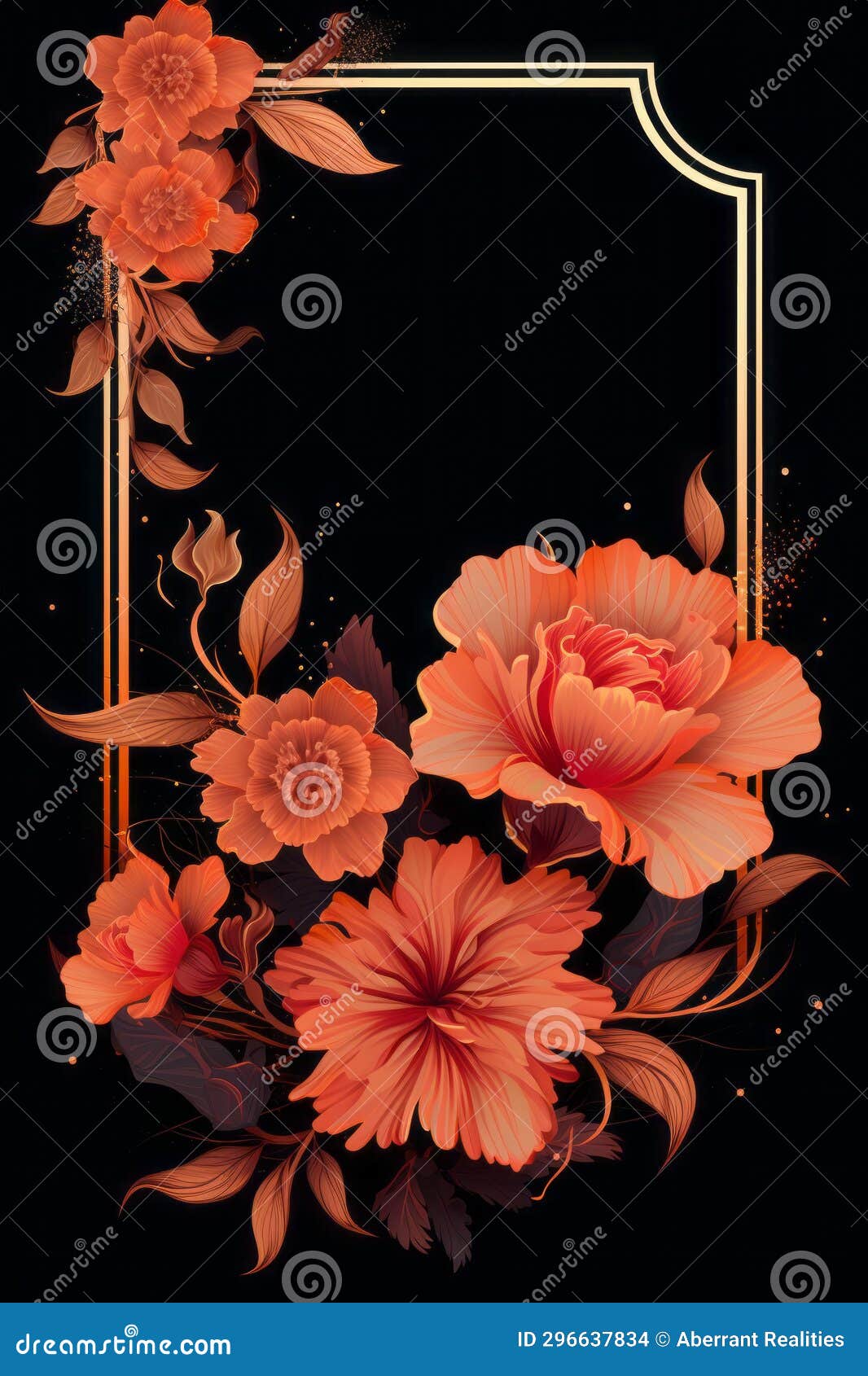 Floral Frame with Orange Flowers on Black Background Stock Illustration ...