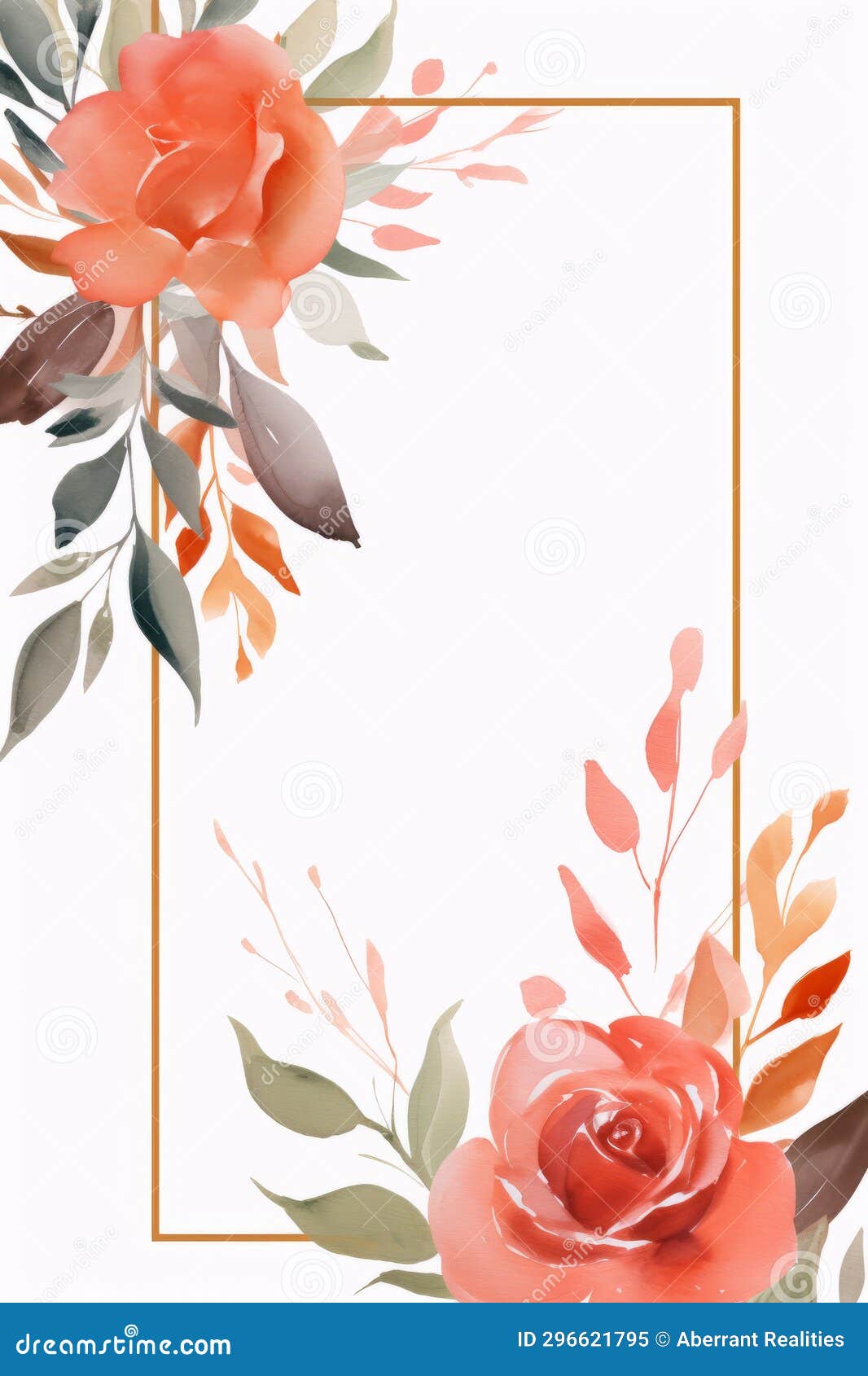 A Floral Frame with Orange Roses and Leaves on a White Background Stock ...