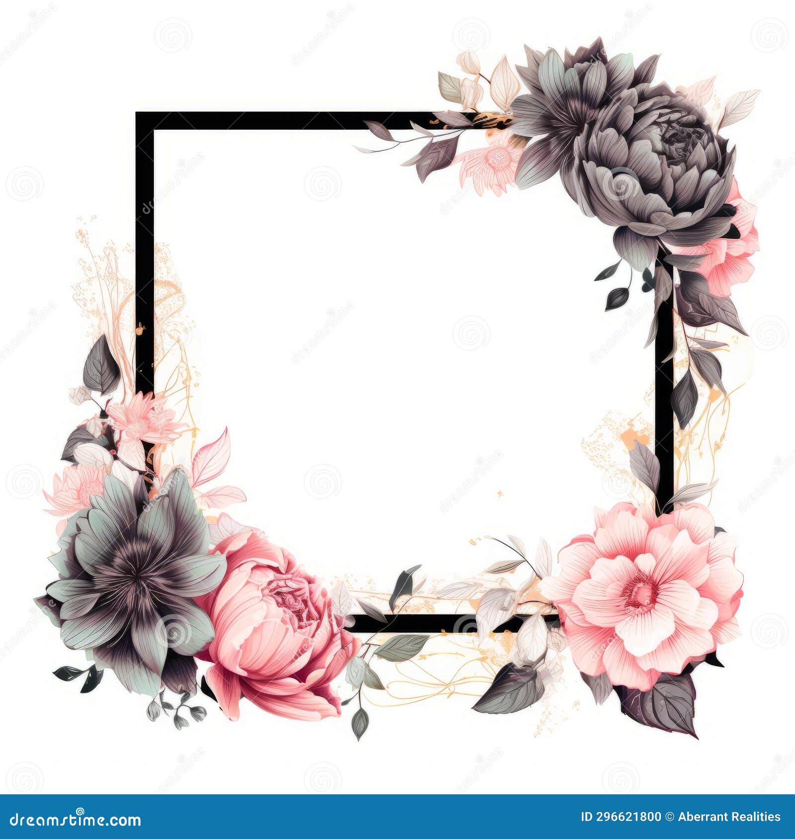 A Floral Frame with Pink and Black Flowers on a White Background Stock ...
