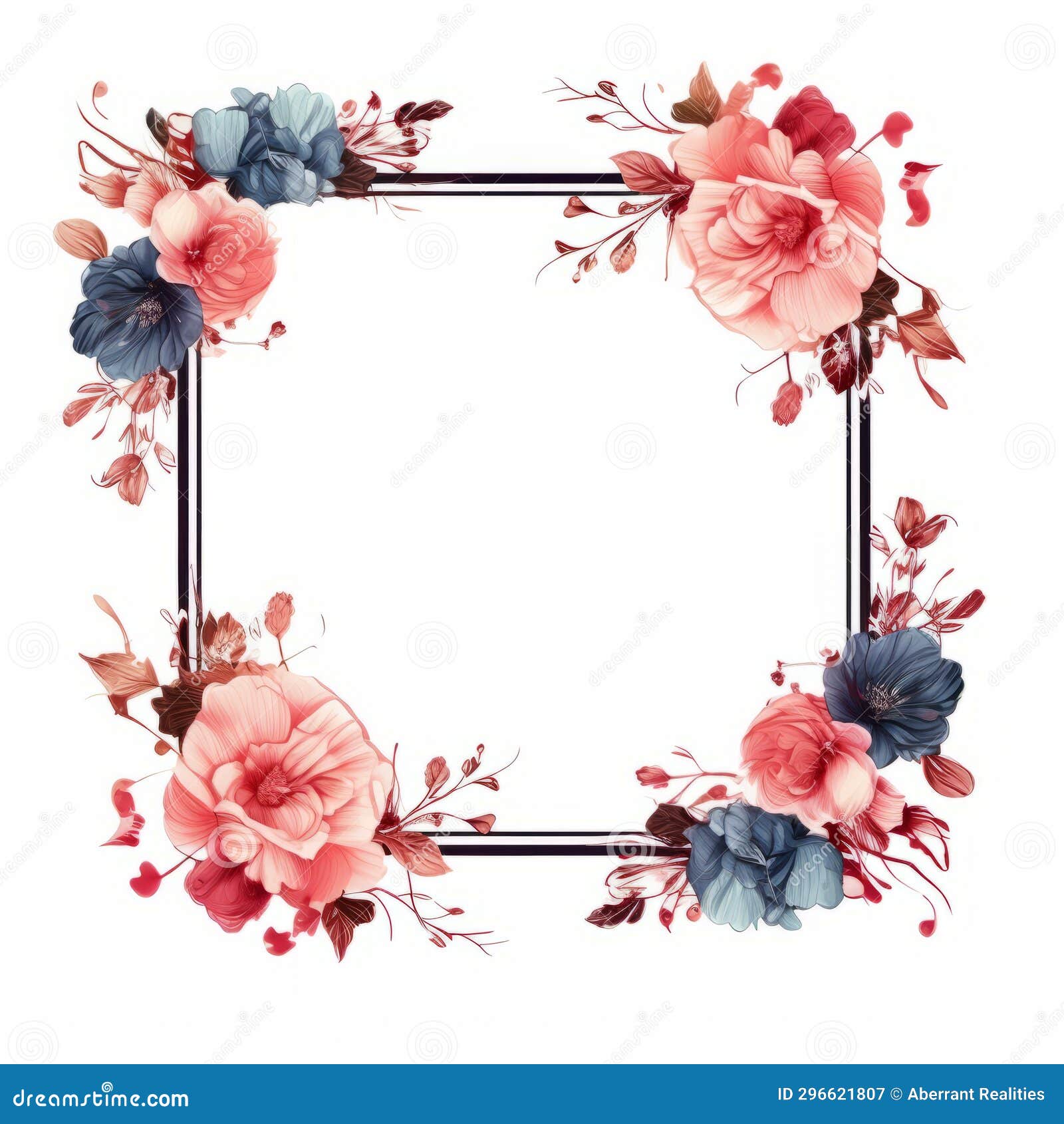 A Floral Frame with Pink and Blue Flowers on a White Background Stock ...