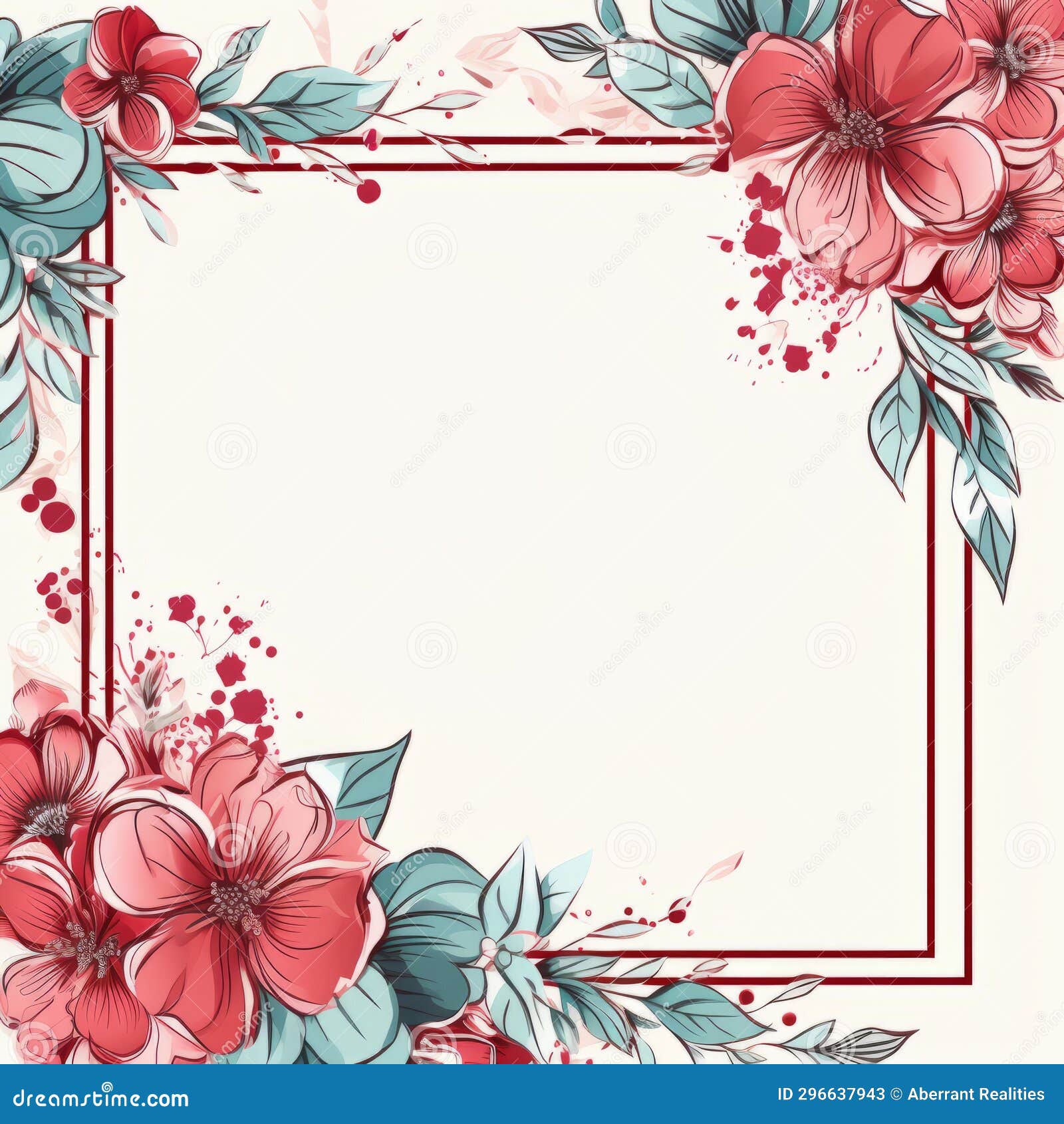 Floral Frame with Red and Blue Flowers on a Beige Background Stock ...