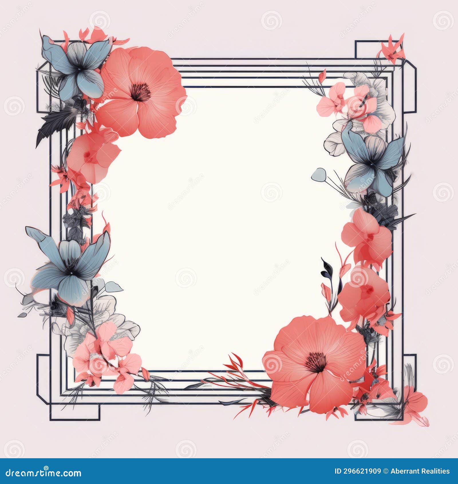 A Floral Frame with Red and Blue Flowers on a Light Pink Background ...