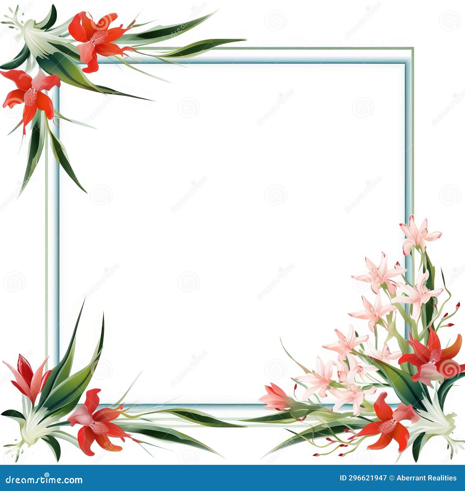 A Floral Frame with Red Flowers and Green Leaves Stock Illustration ...