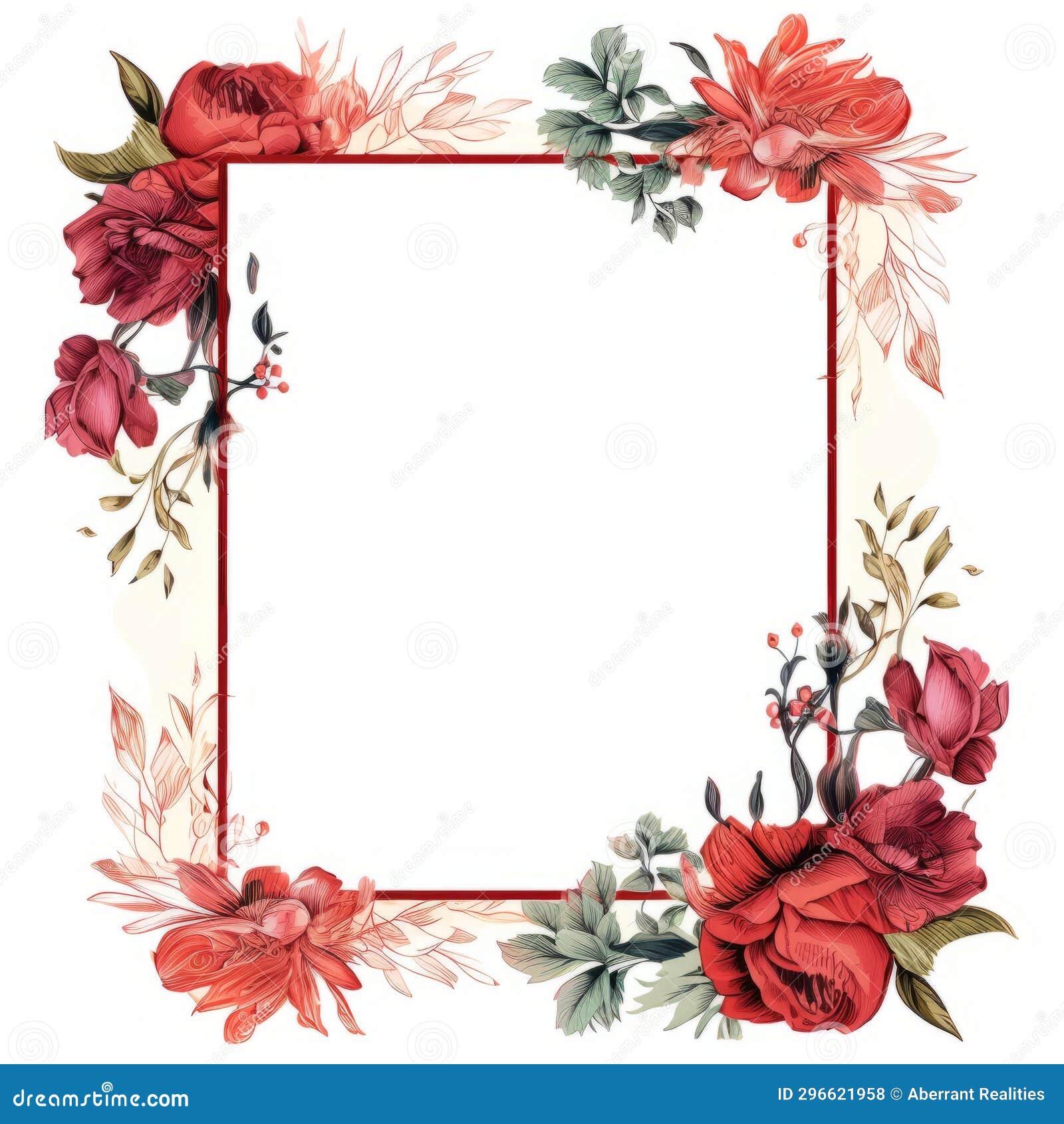A Floral Frame with Red Flowers on a White Background Stock ...