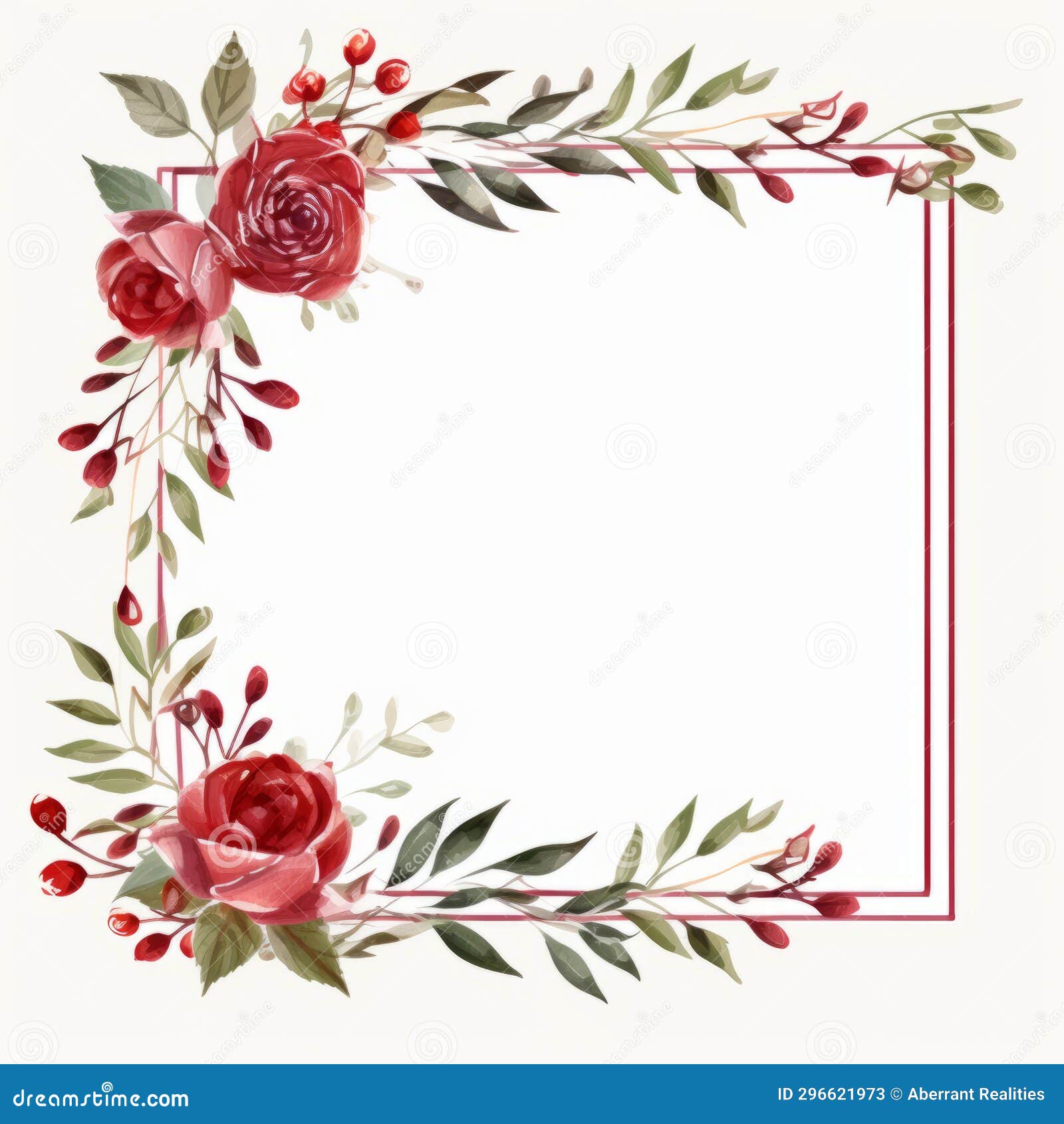 A Floral Frame with Red Roses and Leaves on a White Background Stock ...