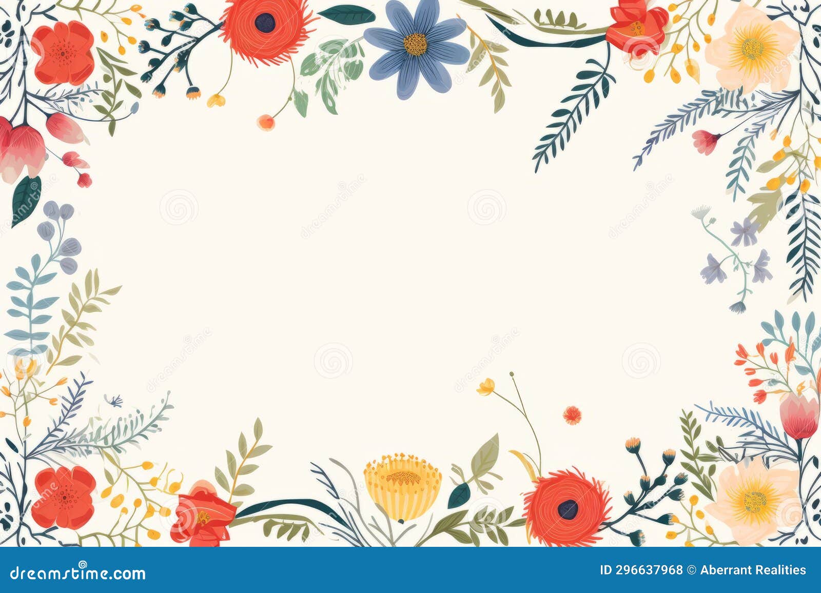 Floral Frame with Red Yellow and Blue Flowers on a White Background ...