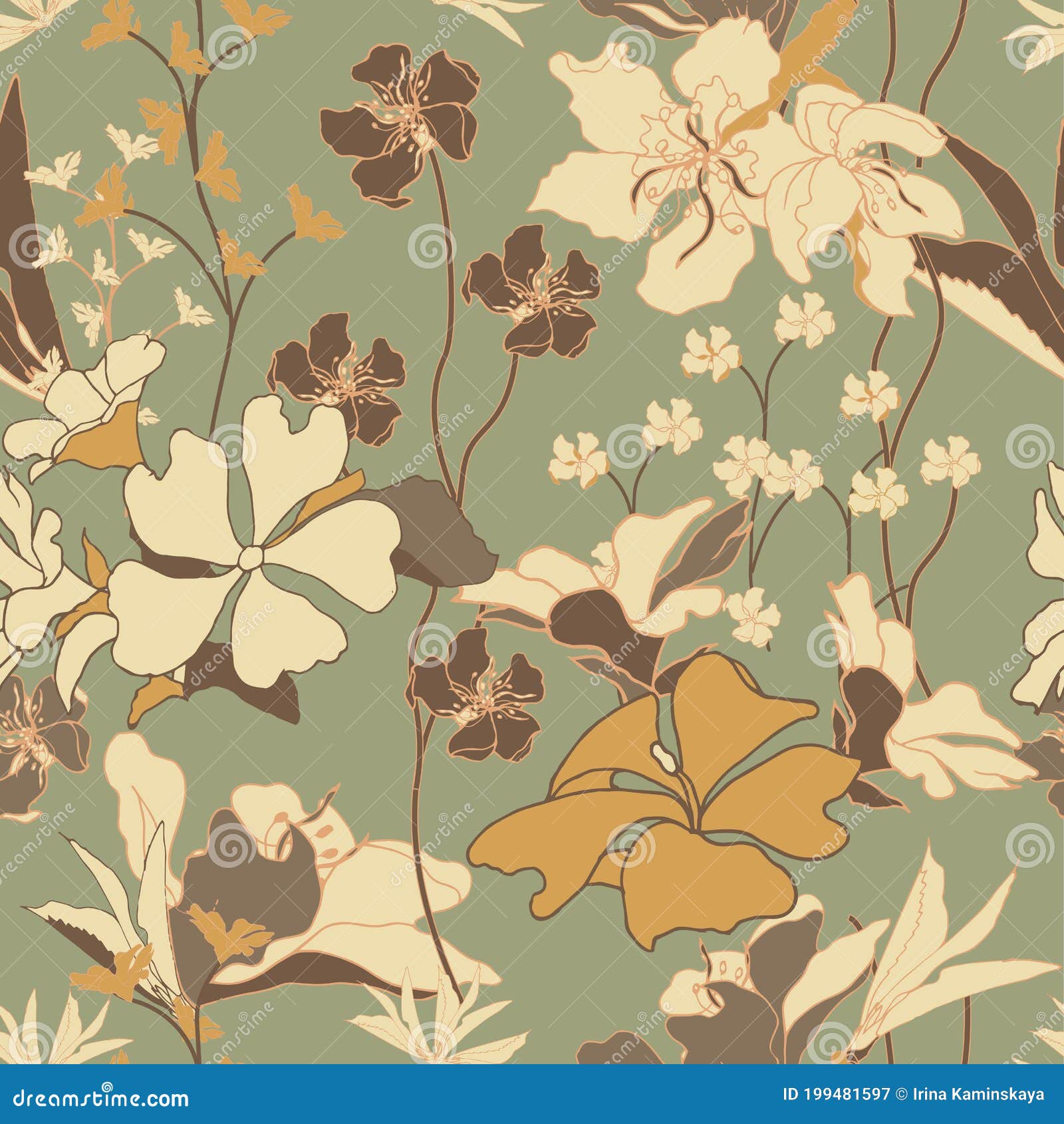 Floral Garden Seamless Pattern in Yellow Colors. Vector Vintage Texture ...