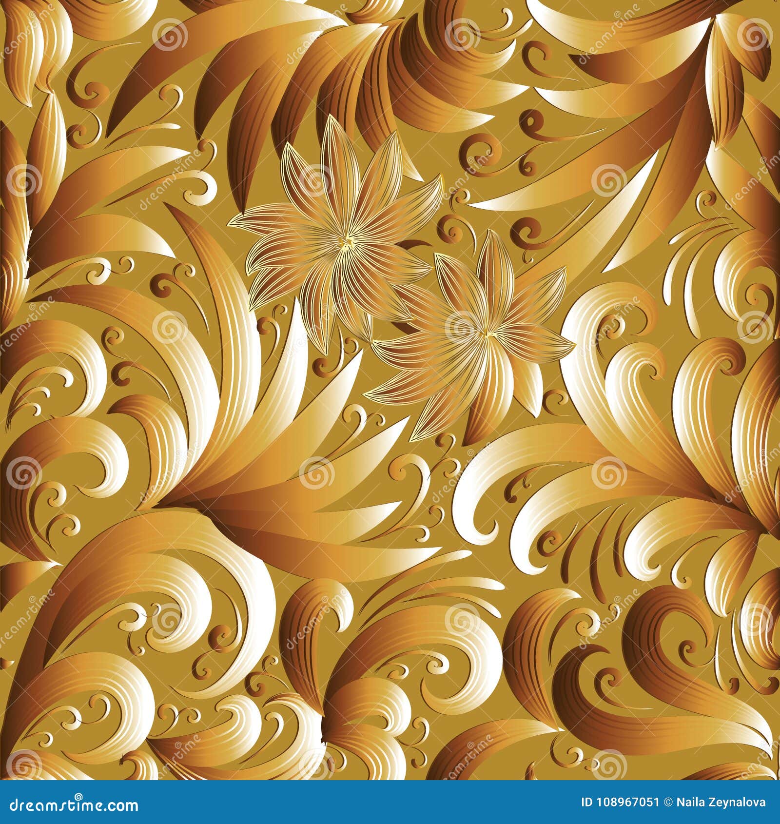 Floral Gold 3d Seamless Pattern. Vector Background with Doodle S Stock ...