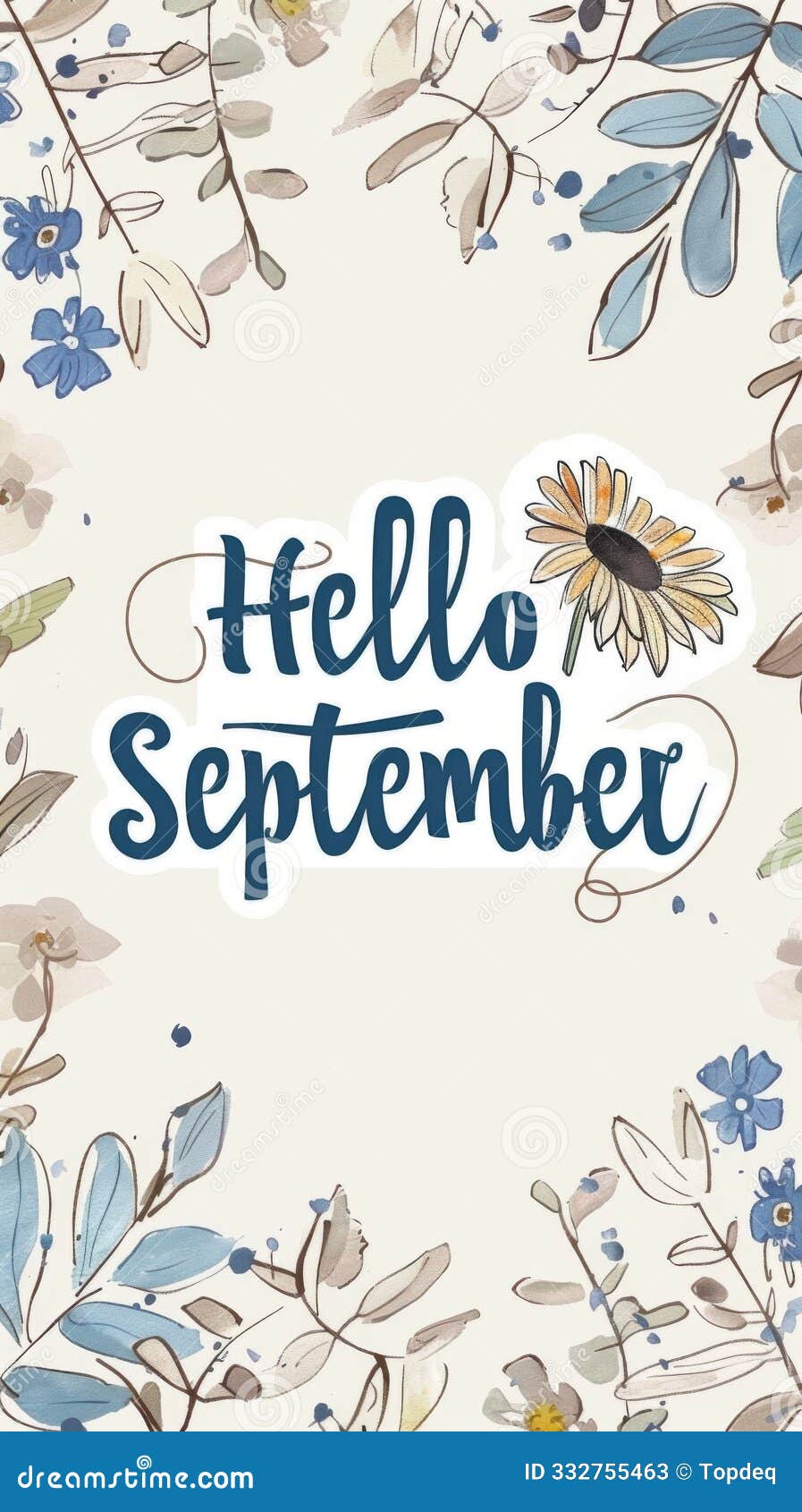 Floral Illustration with Hello September Text in the Center, Background ...