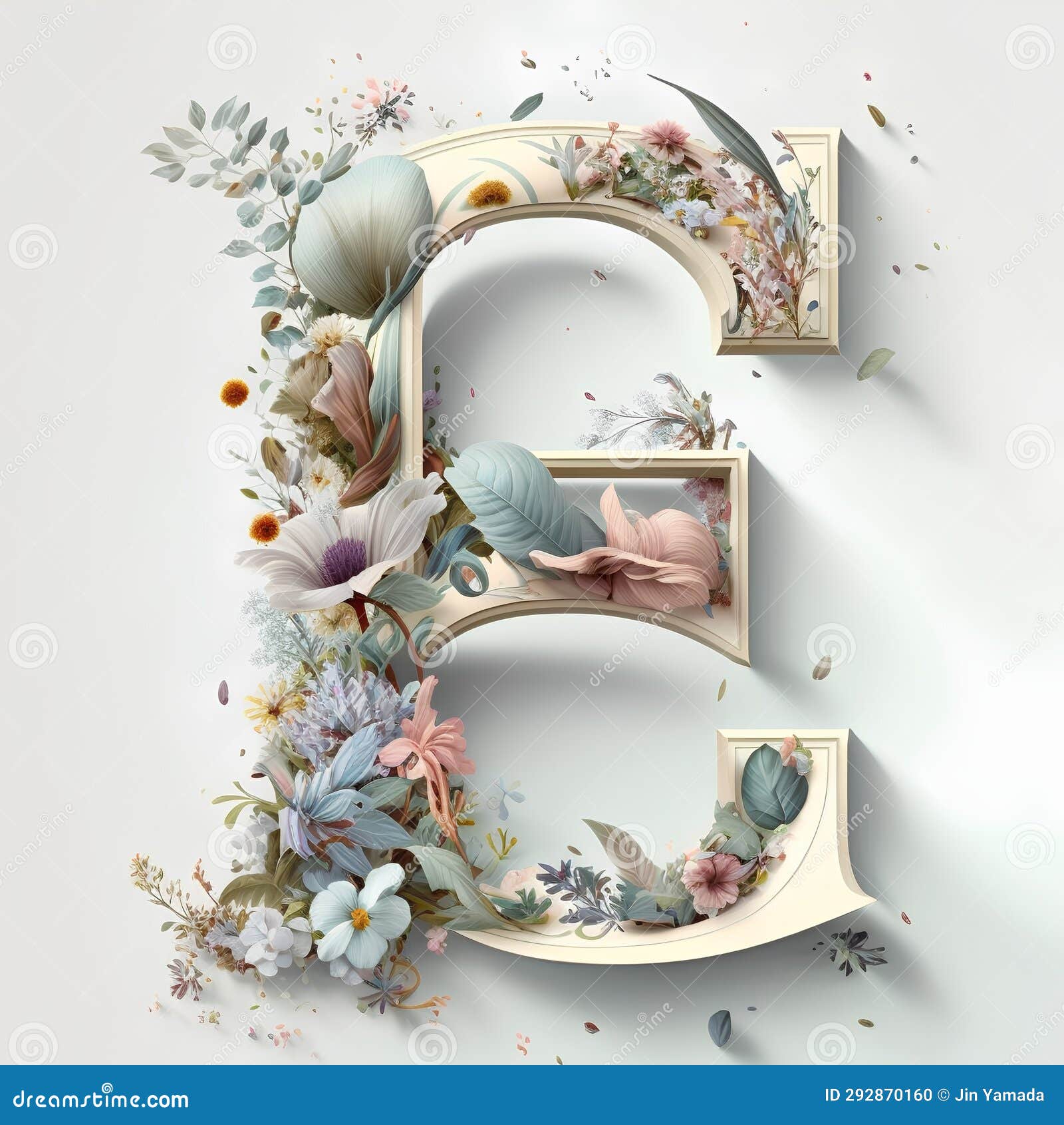 Floral Letter E with Flowers and Leaves in 3d Illustration. Stock ...