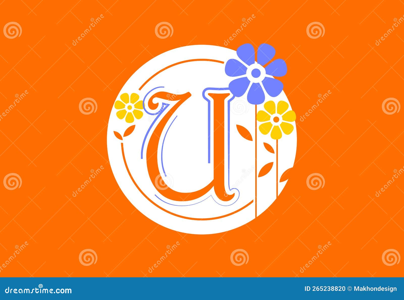 Floral Monogram Letter U. Initial Alphabet with Botanical Elements ...