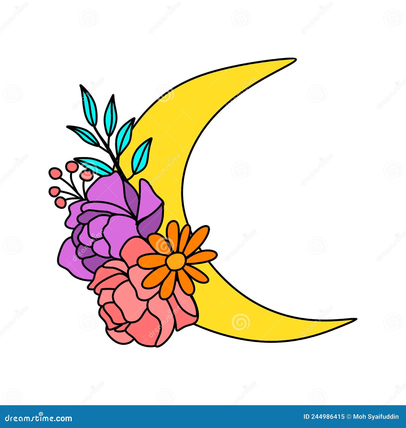 Floral Crescent Moon Beautiful Crescent in Lineart Stock Illustration ...