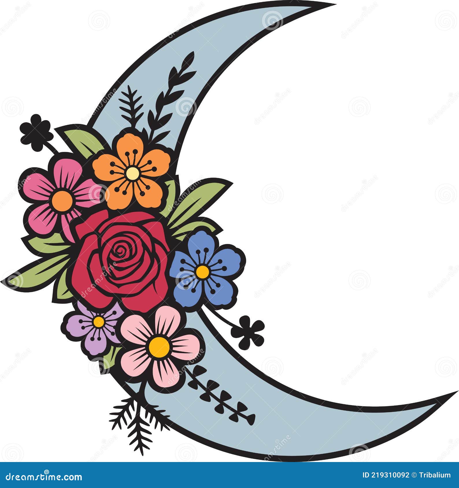 Floral Moon Crescent with Flowers Stock Vector - Illustration of ...