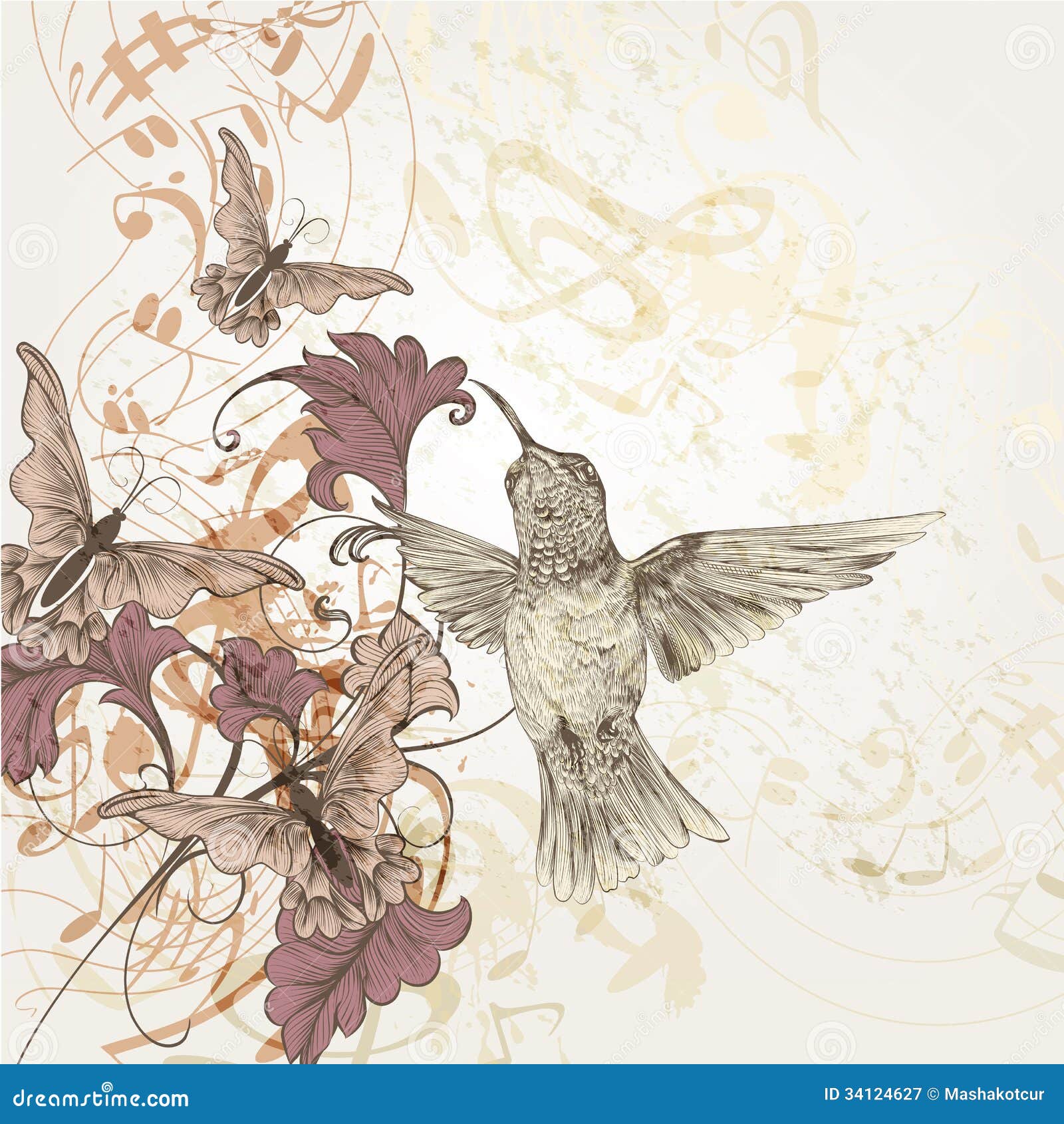 Floral Music Background with Humming Birds, Butterflies and Note Stock ...