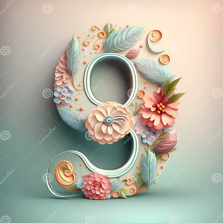 Floral Number 9. 3D Render. Floral Font Stock Illustration ...