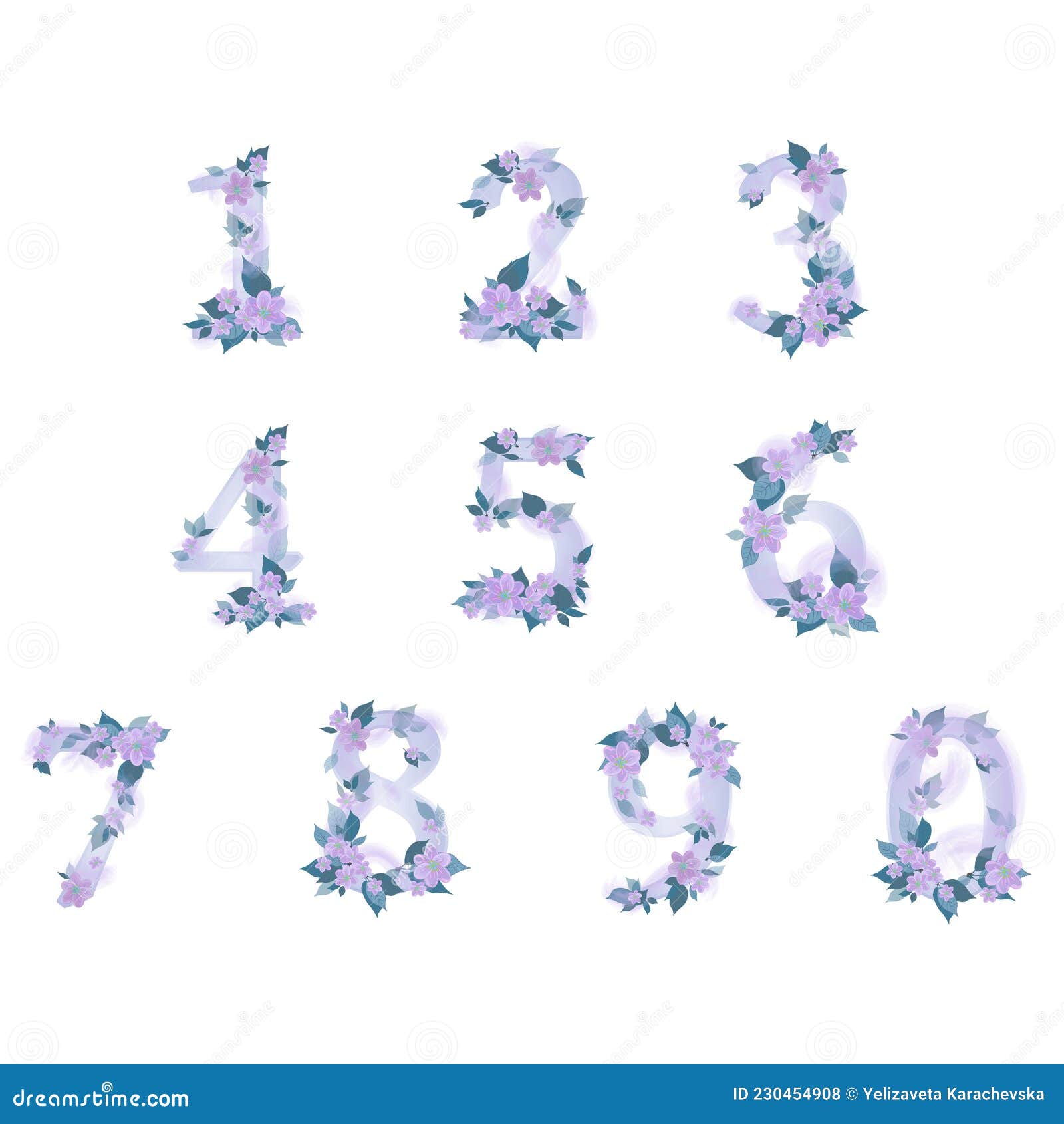 Floral Number Design 0 - 9. Blue and Lavender Colors Stock Vector ...