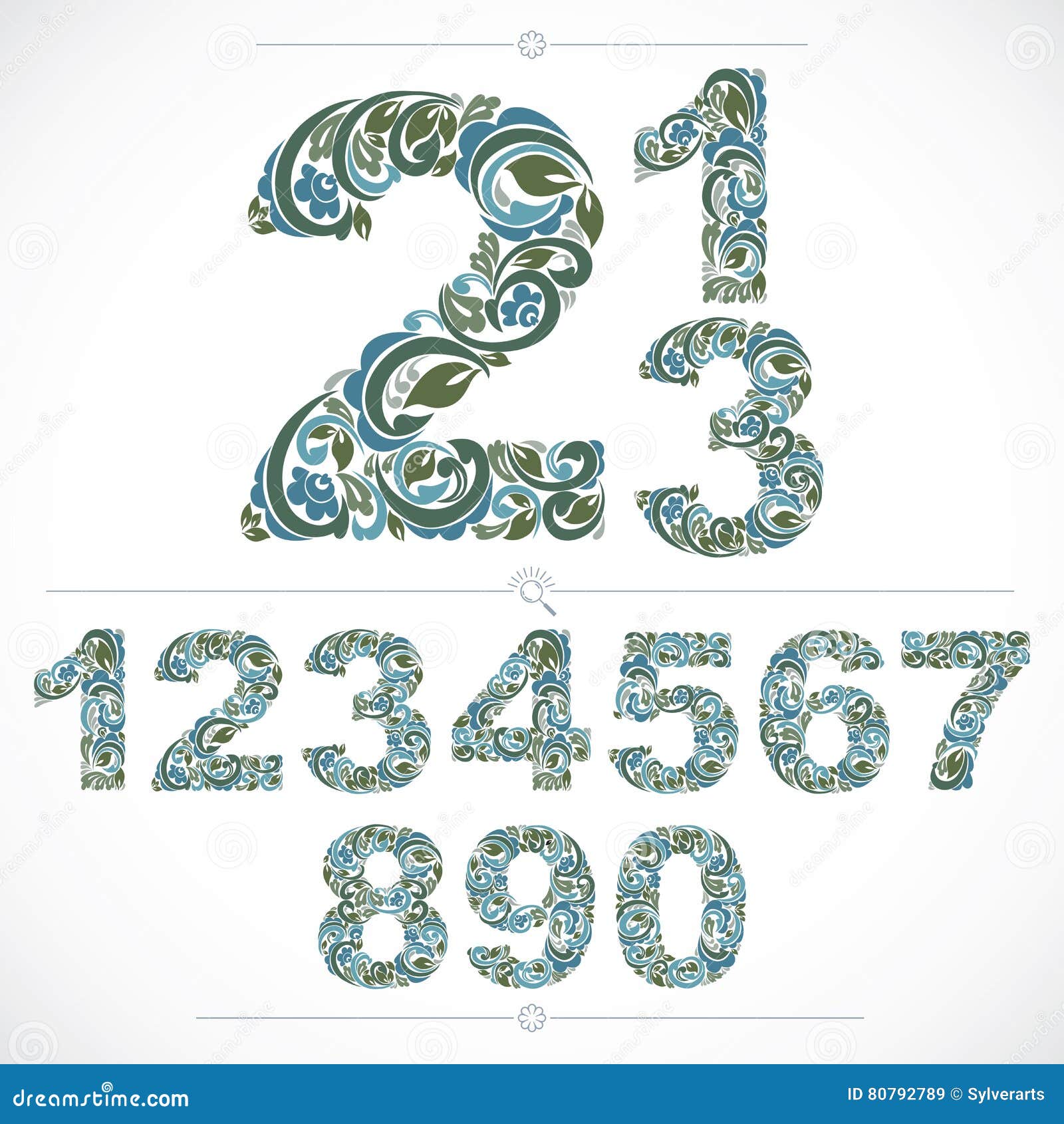 Floral Numbers Drawn Using Abstract Vintage Pattern, Spring Leaves ...
