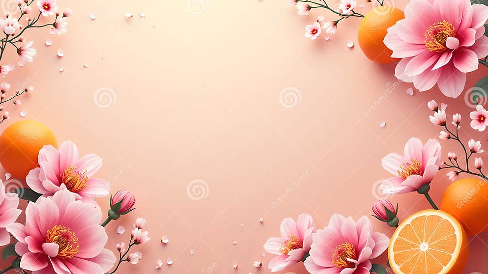 Floral and Orange Fruit Frame. Concept of Spring, Summer, and ...