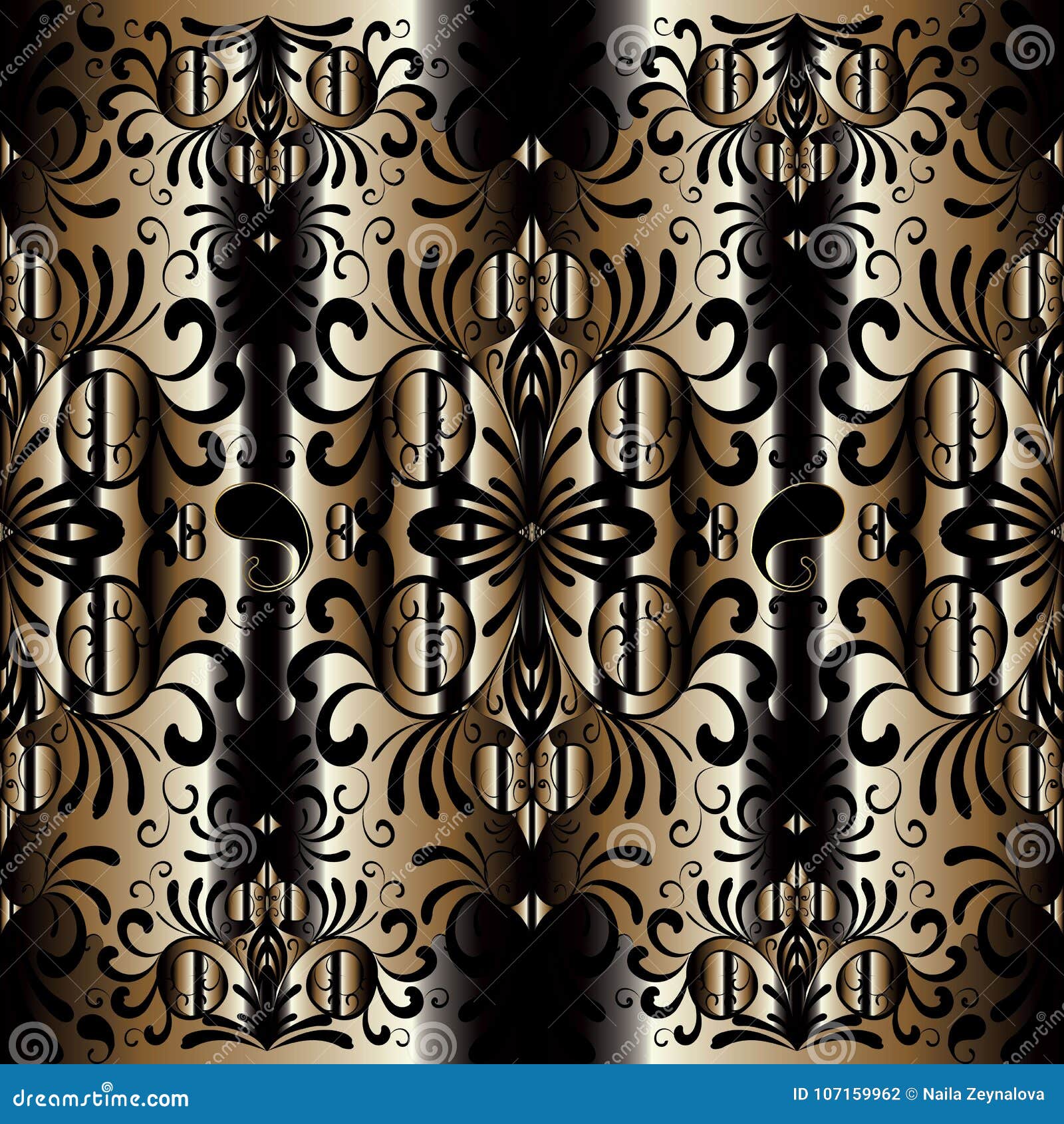 Floral Paisleys Seamless Pattern. Damask Vintage Gold Black Striped ... Floral Paisleys Seamless Pattern. Damask Vintage Gold Black Striped ...