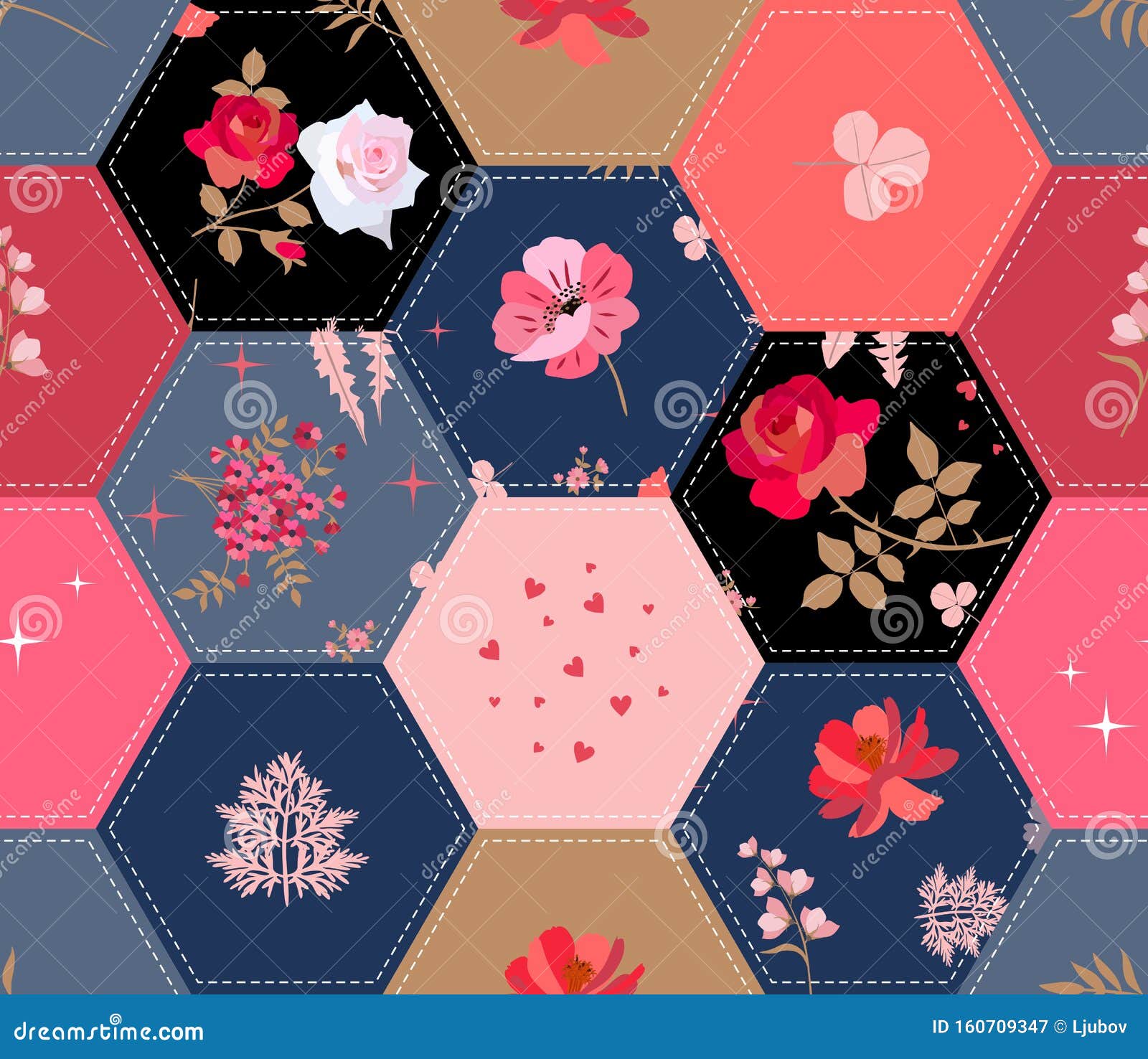 Floral Patchwork Pattern Seamless Quilt Design From Hexagonal Patches