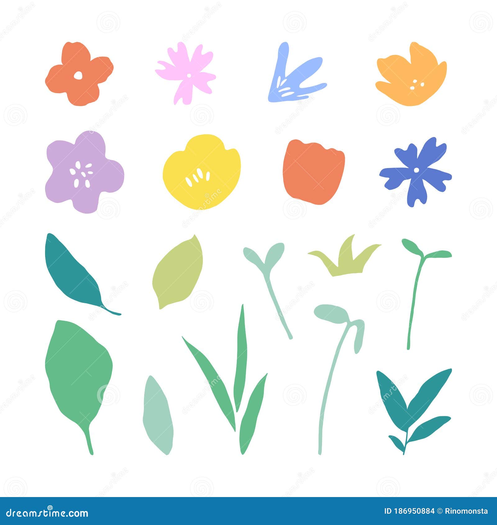 Set of Hand Drawn Plant Shapes. Abstract Plants Elements. Simple Leaves ...