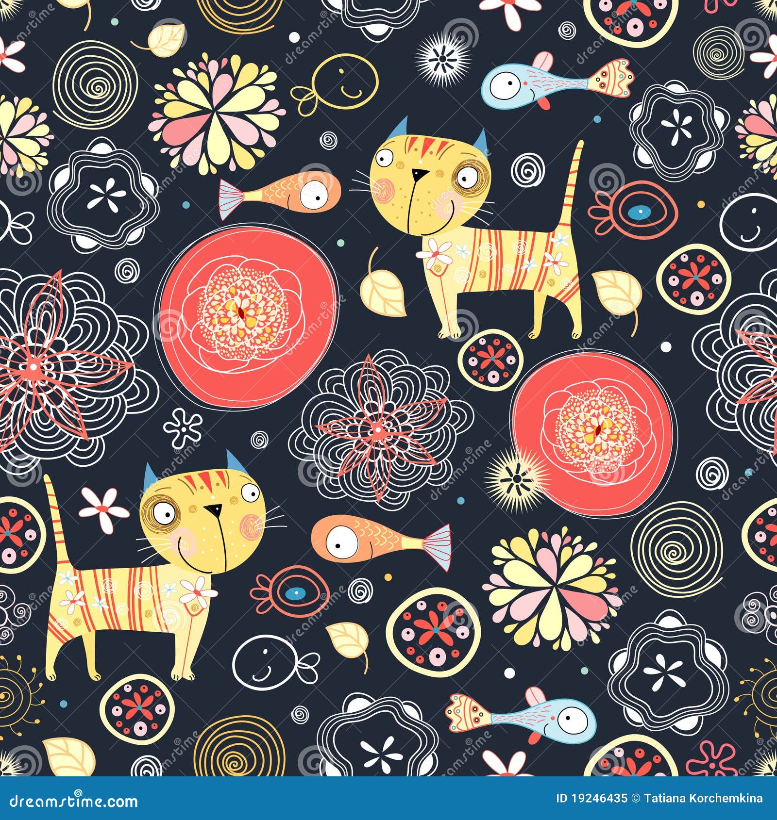 Floral Pattern of the Cats and Fish Stock Vector - Illustration of ...