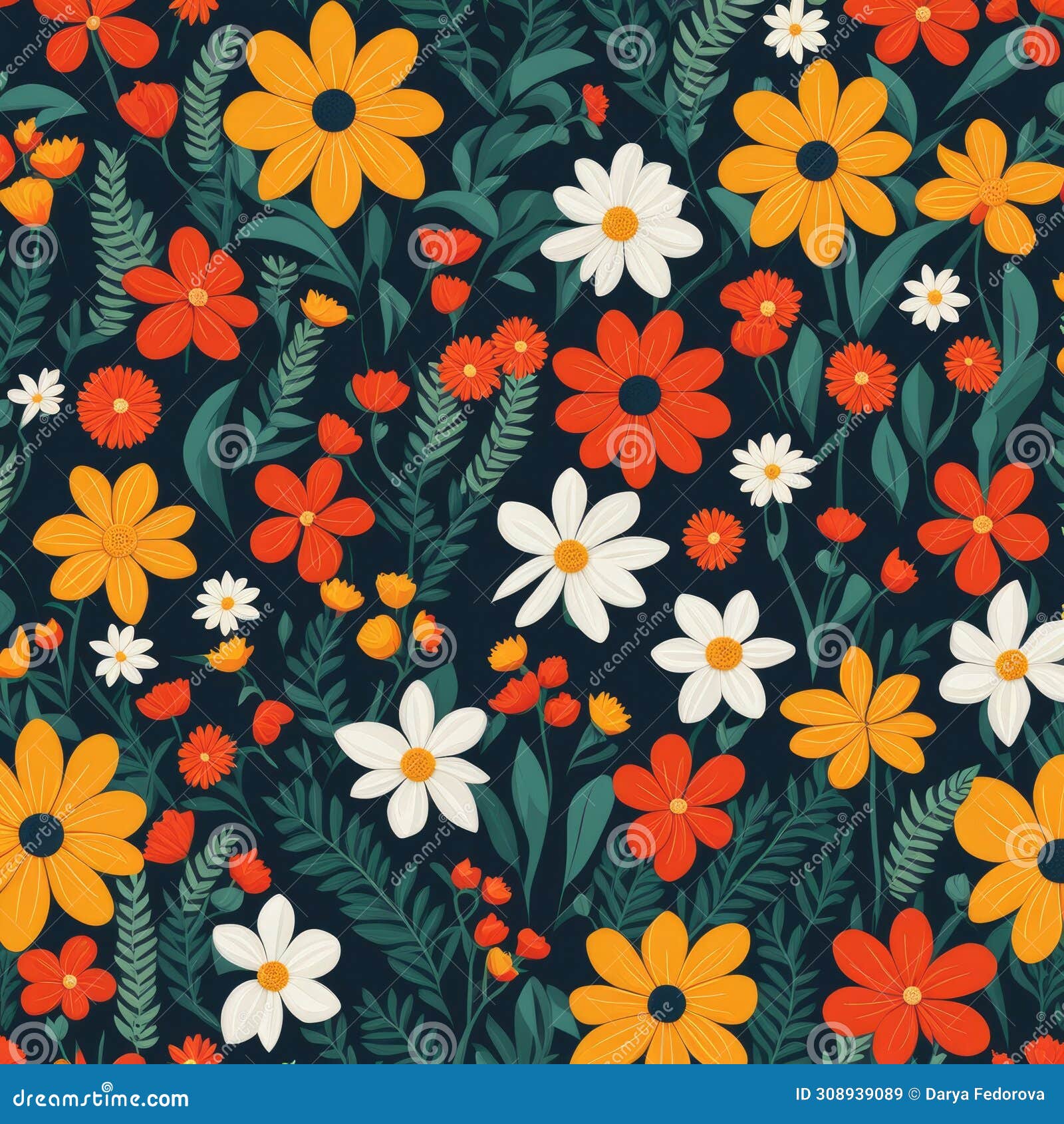 Floral Pattern in Flat Style with a Variety of Colorful Flowers Stock ...