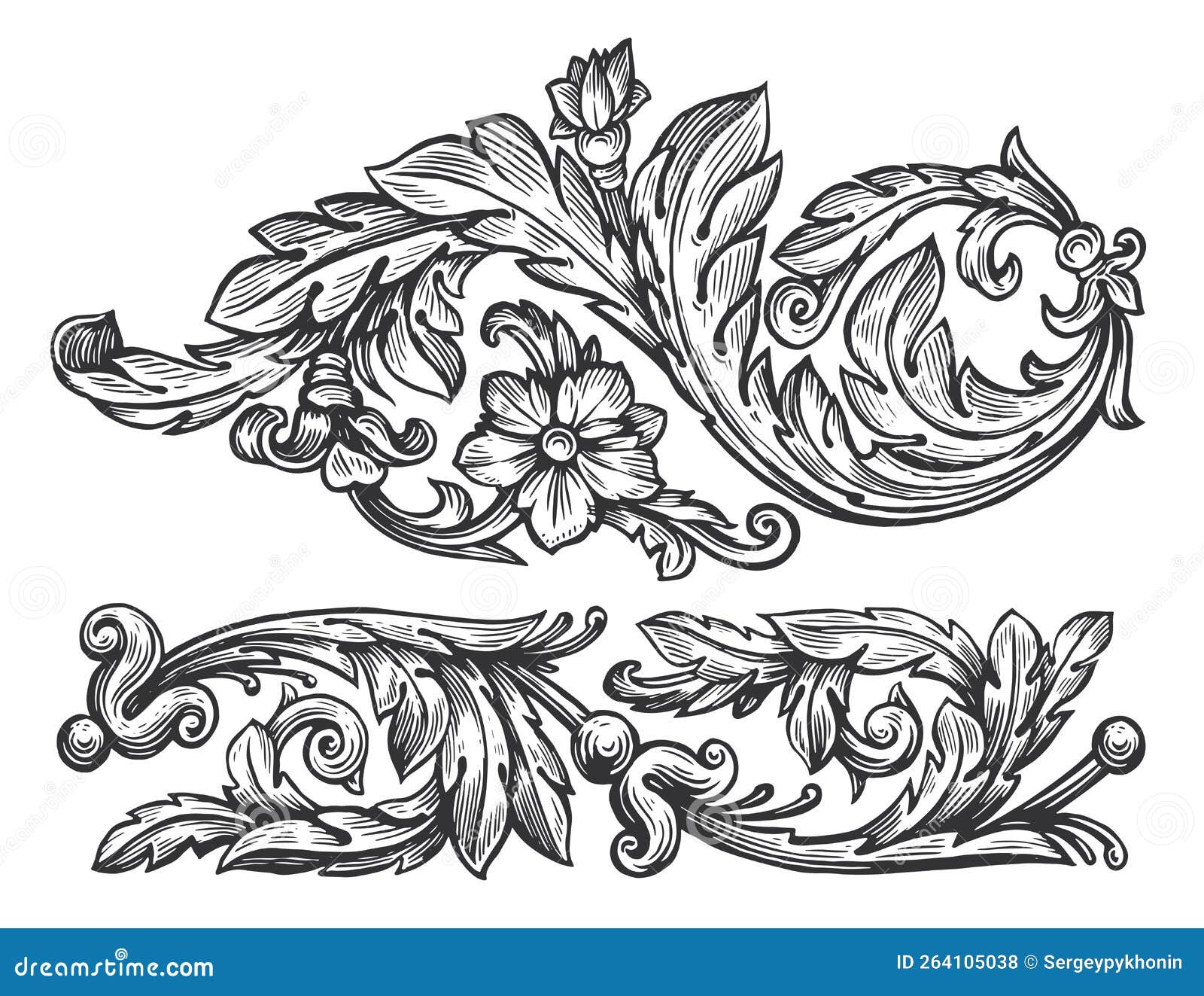 Floral Pattern with Flowers in Vintage Engraving Style. Set of ...