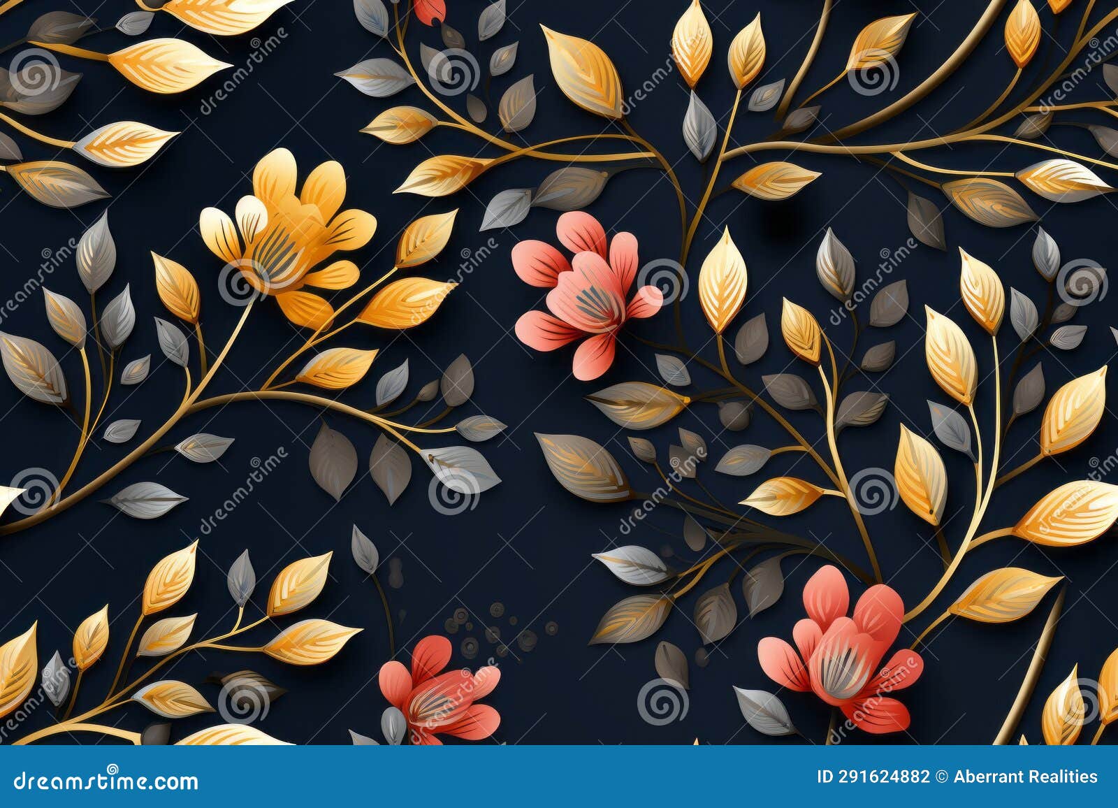 A Floral Pattern with Gold Leaves and Flowers on a Dark Blue Background ...