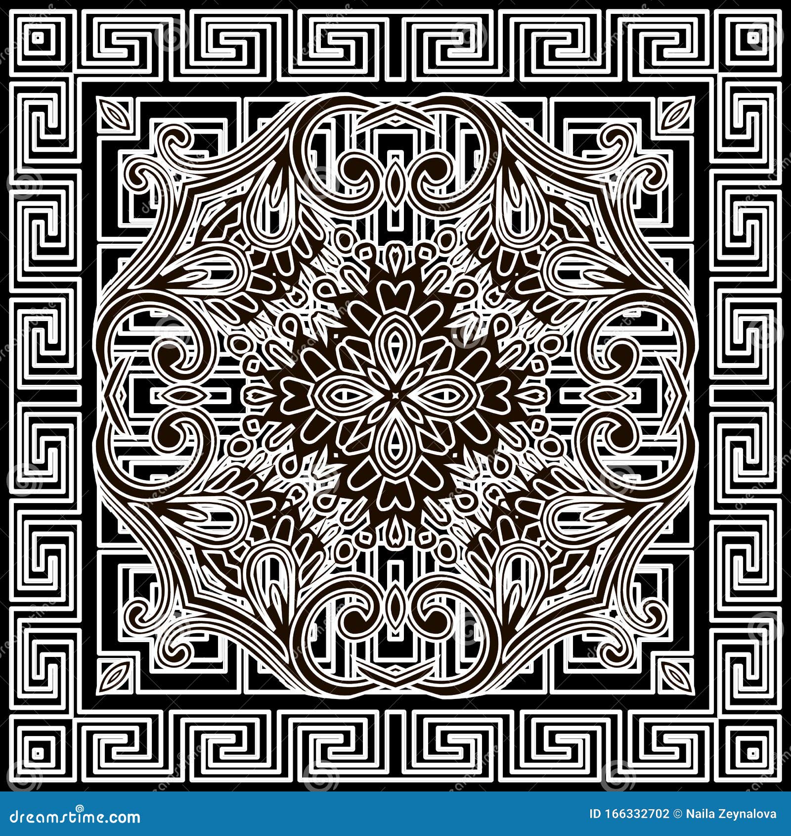 Floral Pattern with Greek Square Frame. Vector Ornamental Black and ...